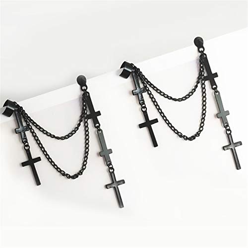 ANDPAI Personalized Multi Layered Long Stainless Steel Cross Chain Dangle Earring Threader Tassel Ear Cuff Black Punk Drop Earring for Women Men Statement Jewelry Gifts (Black)