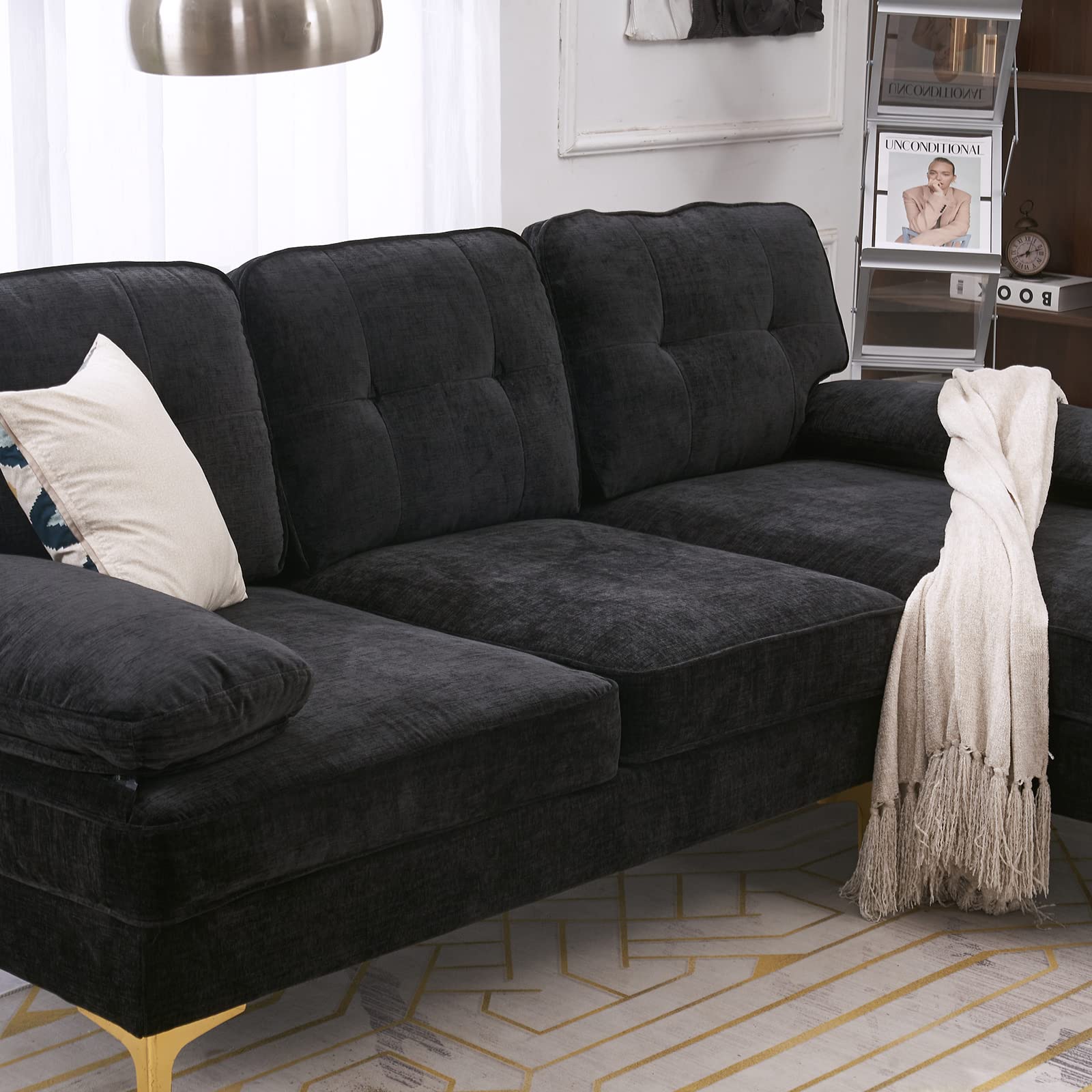 POULEII Sectional Sofa,Modern L-Shape Modular Sectional Sofa Sleeper Couch with Chenille Fabric and Gold-Plated Feet for Living Room, Apartment, Office,Black