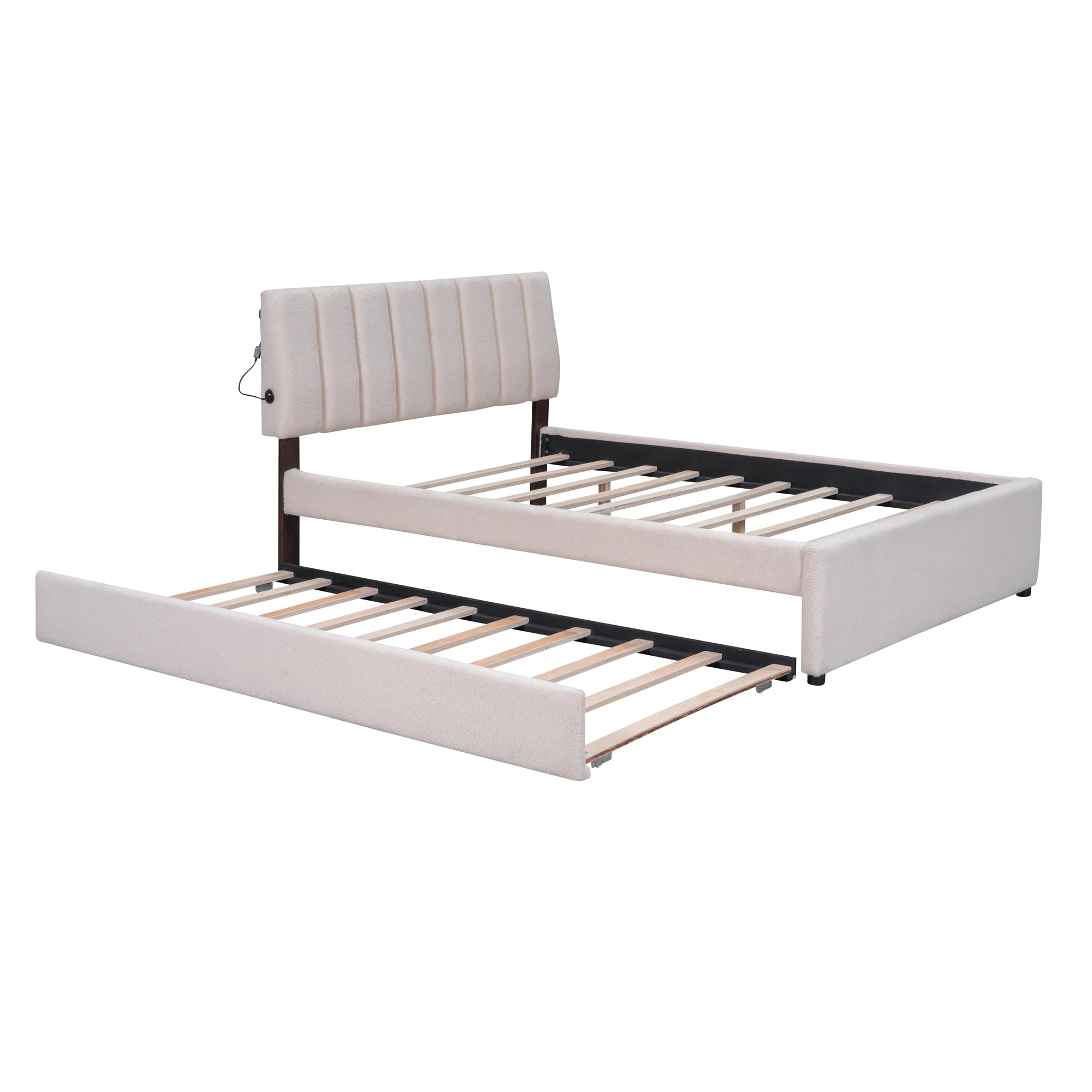 Brisca Full Size Teddy Fleece Upholstered Platform Bed with Trundle and LED,Bed Frame W/Stripe Designed Headboard,for Bedroom,Apartment,Guest Room,Beige