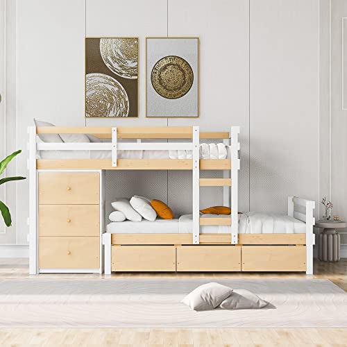 Brisca Twin Over Twin Loft Bunk Bed with 6 Storage Drawers and Ladder,Bed Frame W/Neutral Finish & Simple Design,for Apartment,Bedroom,Guest Room,Natural