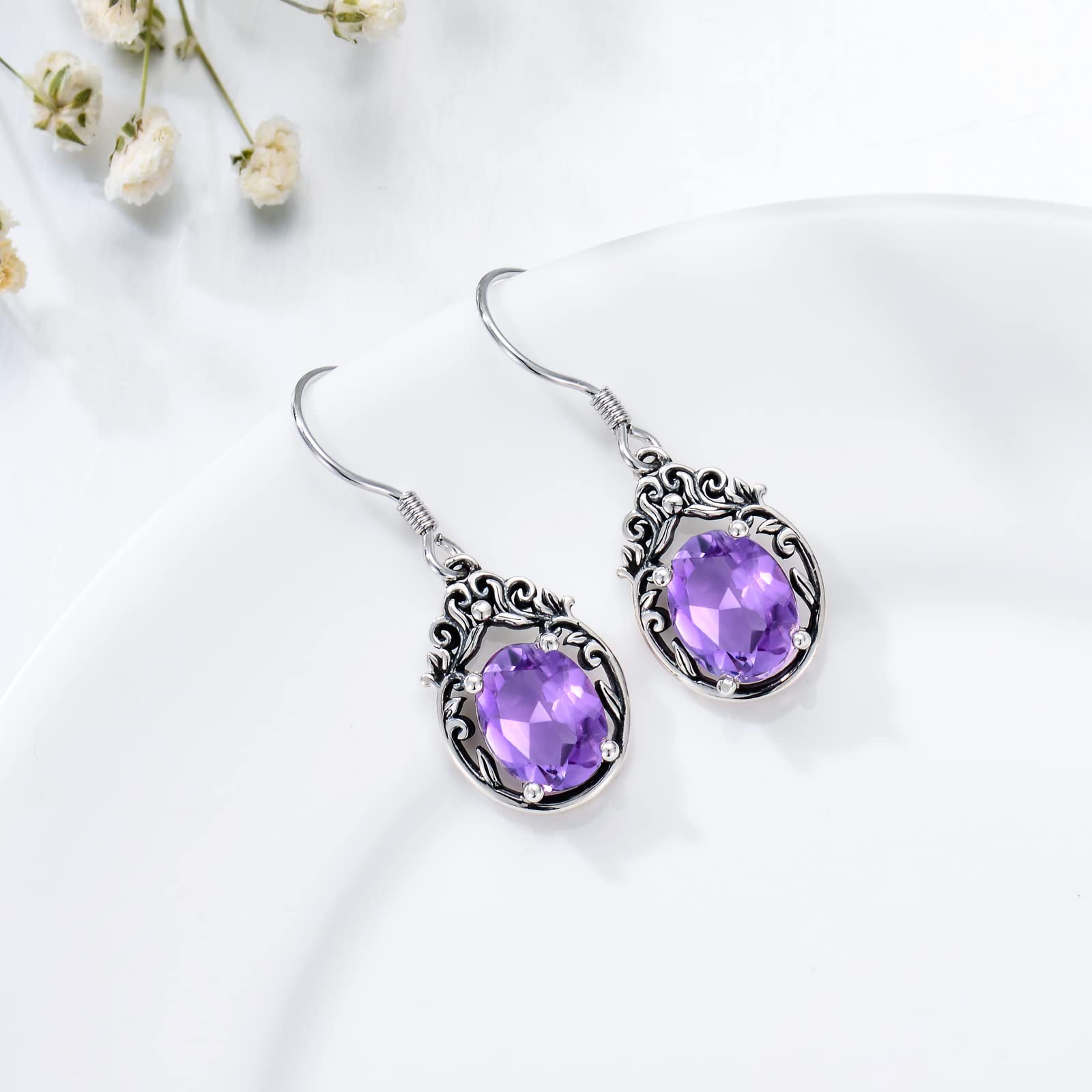 Althum 7x9mm Amethyst Earrings 925 Sterling Silver Genuine Natural Oval Cut Purple Amethyst Drop Dangle Earrings for Mother Women