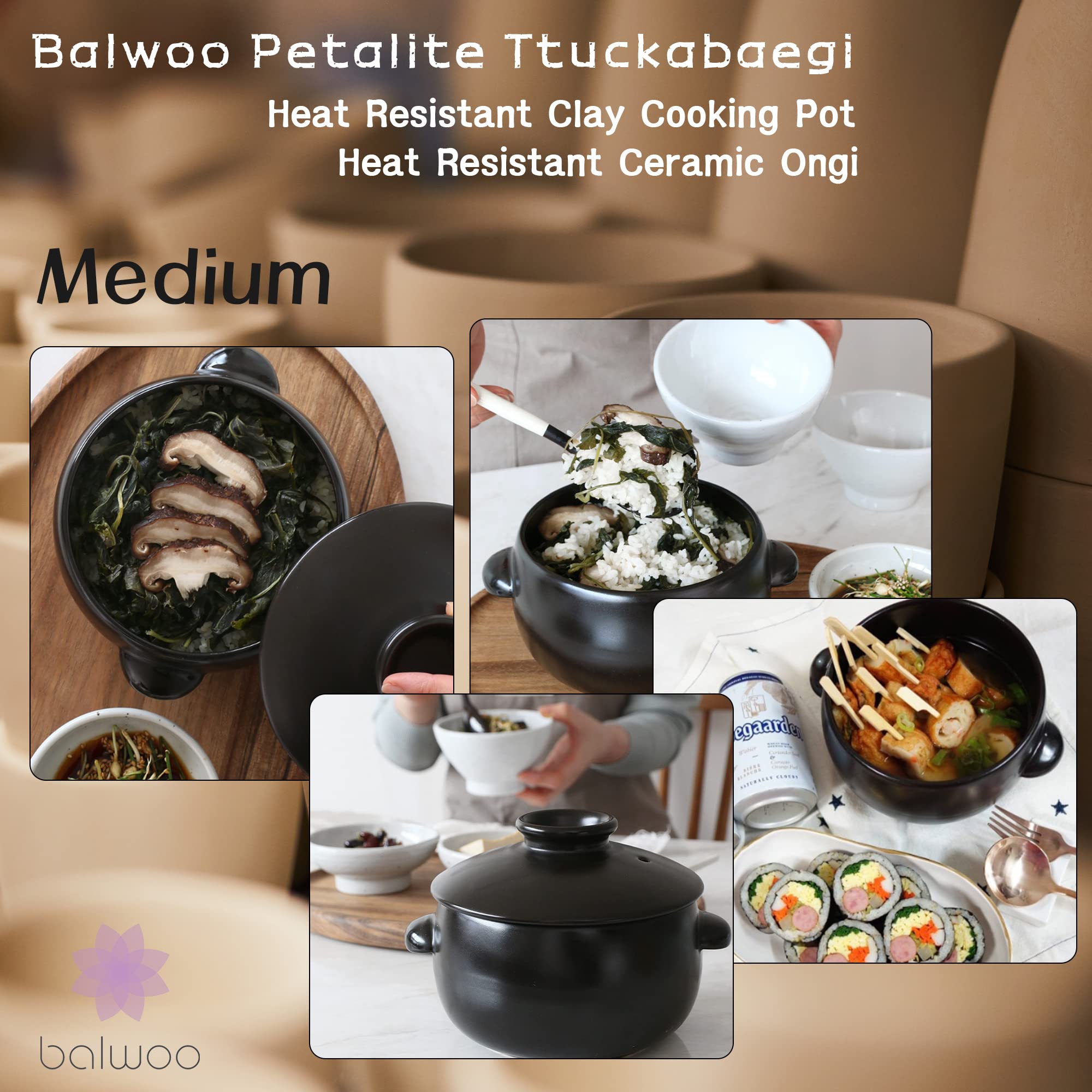 BALWOO Korean Earthenware Pot Ttukbaegi, Ceramic Clay Cooking Pot Petalite Casserole, Heat Resistant Ceramic Pot, Zero-Crack Stone Bowl Stockpot Soup Cookware (Medium)