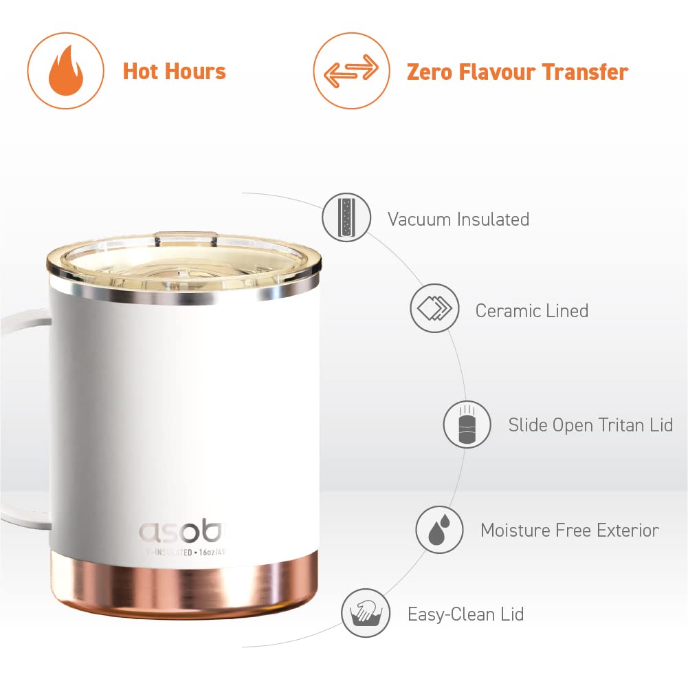 asobu Ultimate Stainless Steel Ceramic Inner Coating Coffee Mug with Double Walled Copper Lining Insulation,12 Ounces (White)
