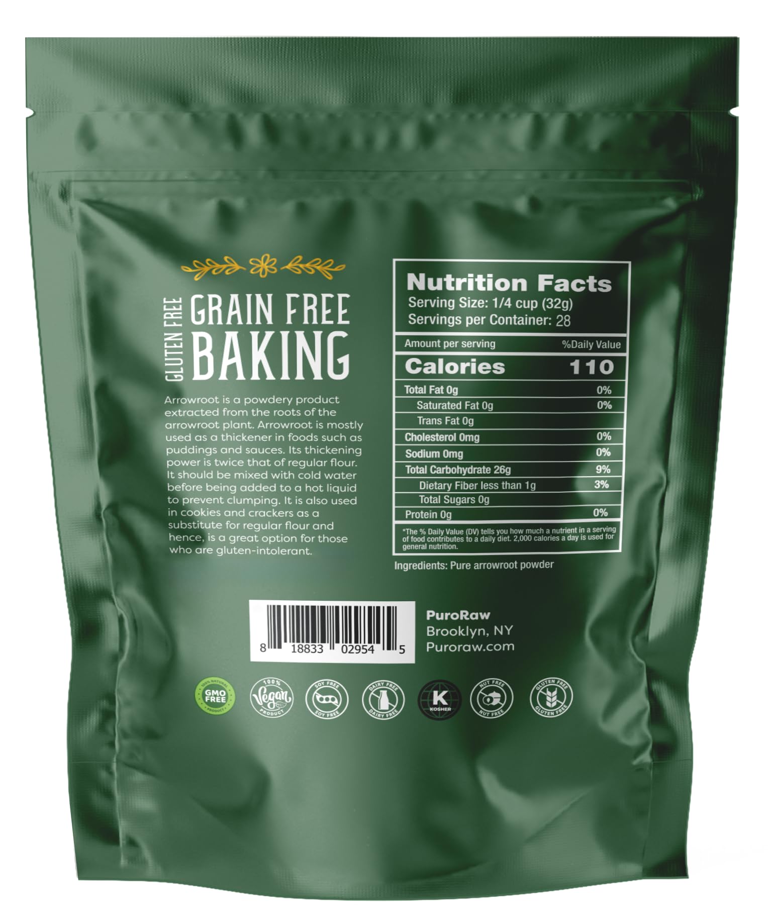 Arrowroot Starch Powder, 2lb Gluten Free, Pure Arrow Root, Paleo, Non-GMO, Batch Tested, Product of Thailand, 2 Pounds, By PuroRaw