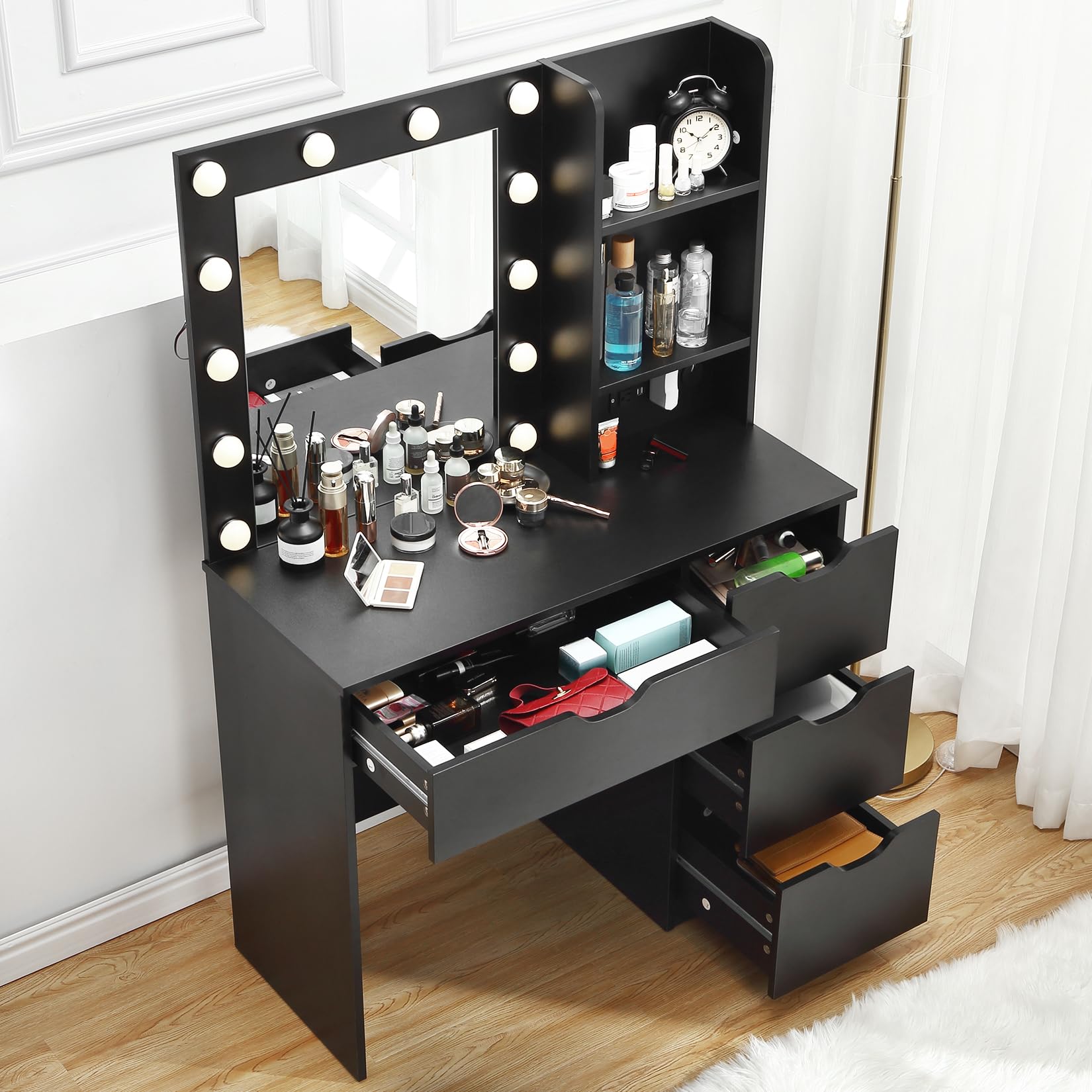 JoanKaren Modern Vanity Makeup Desk with Vanity Mirror, Built-in Lights, 4 Drawers, Crystal Ball Knobs, Power Outlet, White Makeup Desk for Bedroom