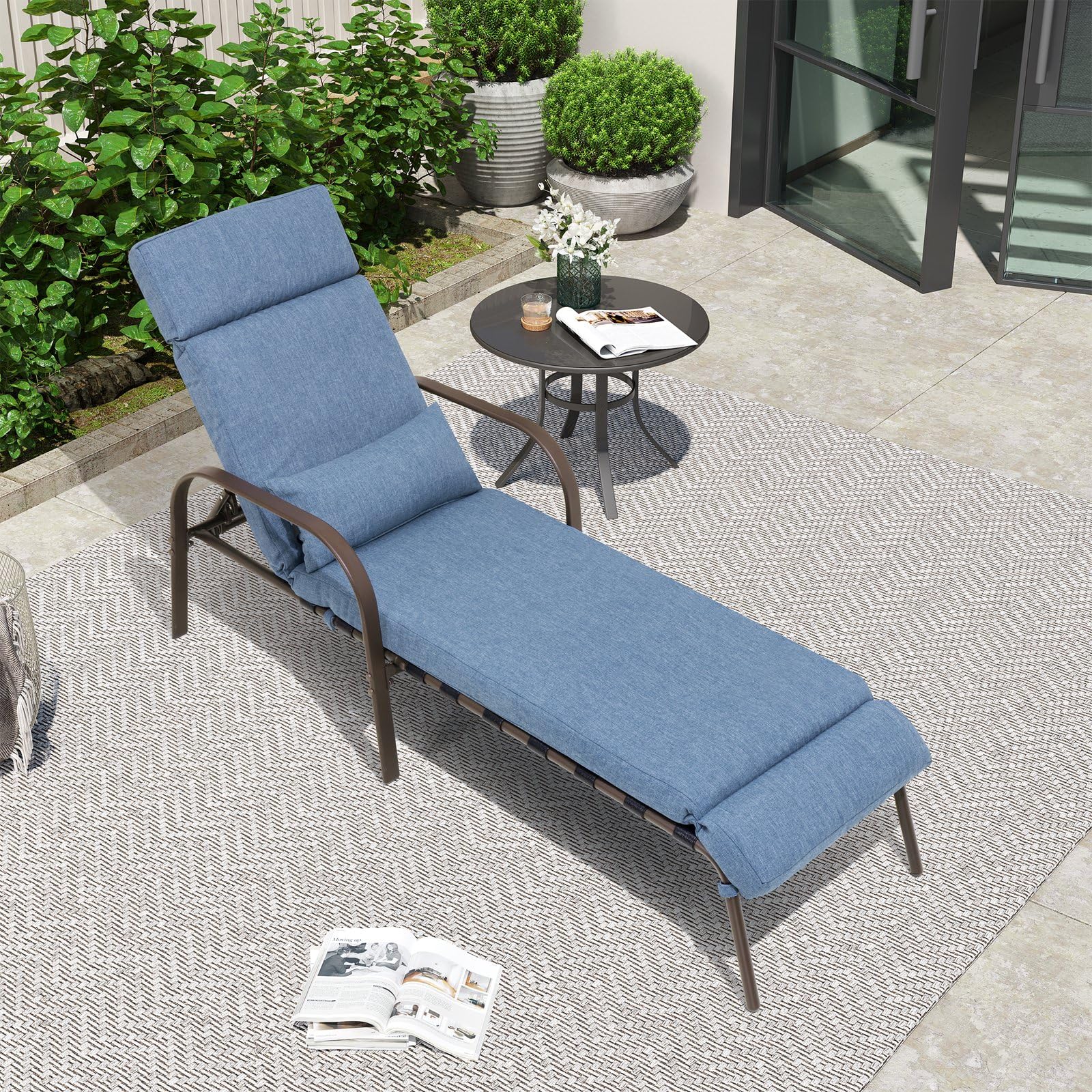 Crestlive Products Adjustable Chaise Lounge Chair with Cushion & Pillow, Outdoor Five-Position Recliner, All Weather for Patio, Beach, Yard, Pool (1PC Dark Blue)