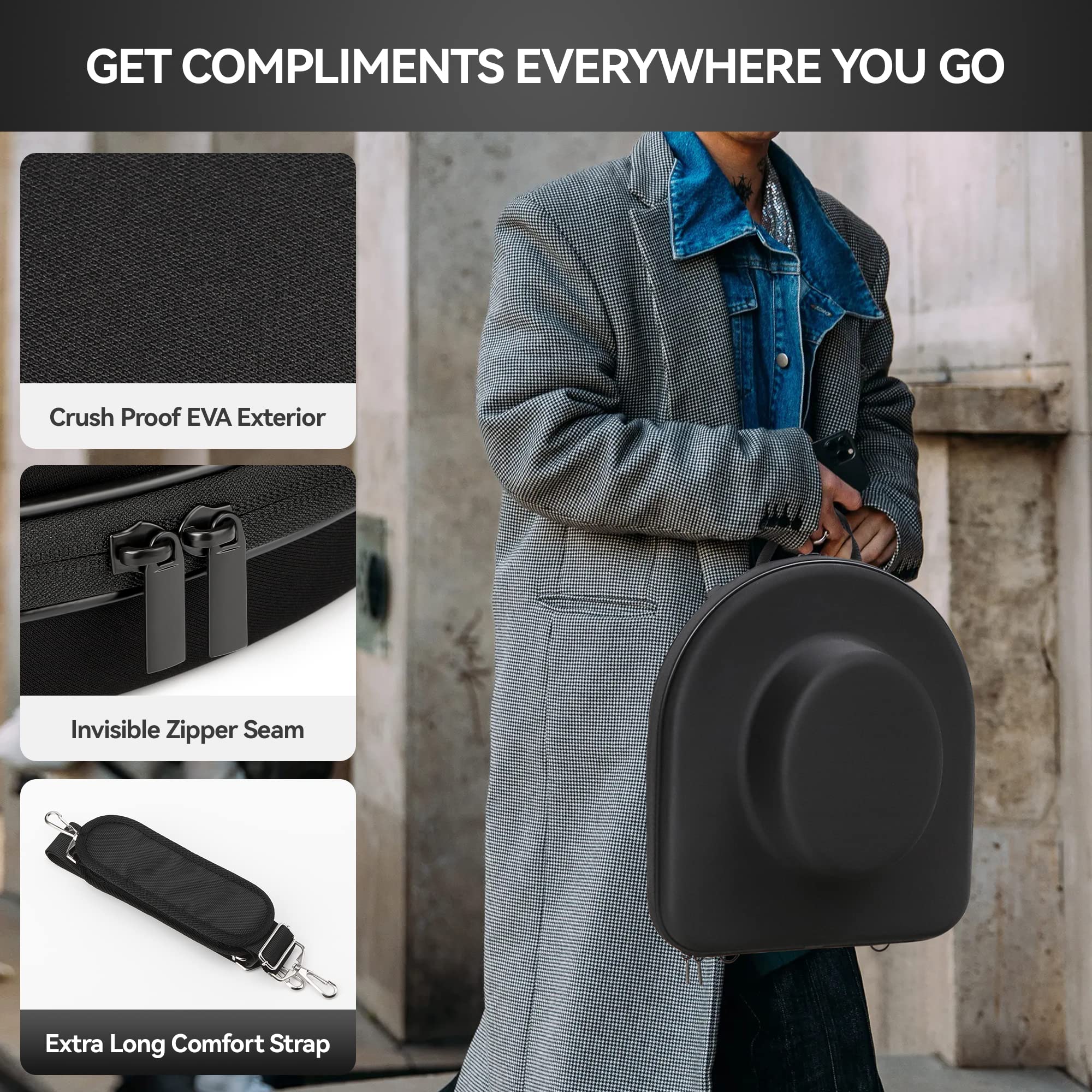 Gelozid Hat Box Holder Case for Travel, Hard Travel Hat Case for Mens Fedora Hats, Crush-Proof Box for Fedora Hat Storage, Hat Carrier with Adjustable Strap, Lightweight and Classy for Travel