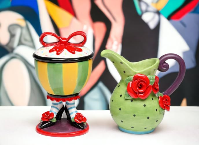 ATD 5.38 Inch Yellow and Green Sugar Bowl on Shoes and Green Creamer Set