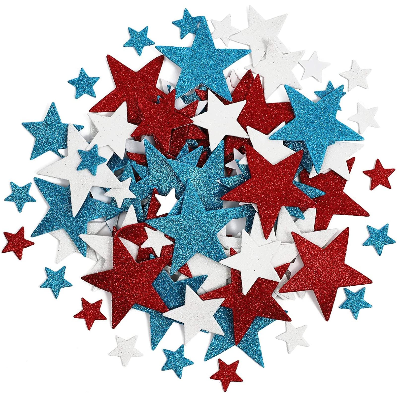 Foam Star Glitter Stickers for 4th of July, Arts and Crafts Supplies (3 Colors, 100 Pack)