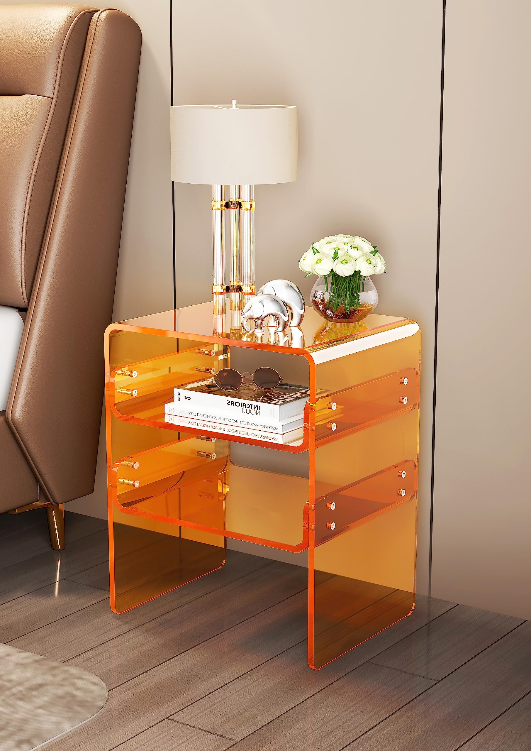 Clear Acrylic 3-Tier End Table/Nightstand β Sleek Bedside Storage with Durable Design, Perfect for Bedrooms, Living Rooms, or Modern Interiors β Ideal as a Bedside Table or Sofa Side Piece (Orange)