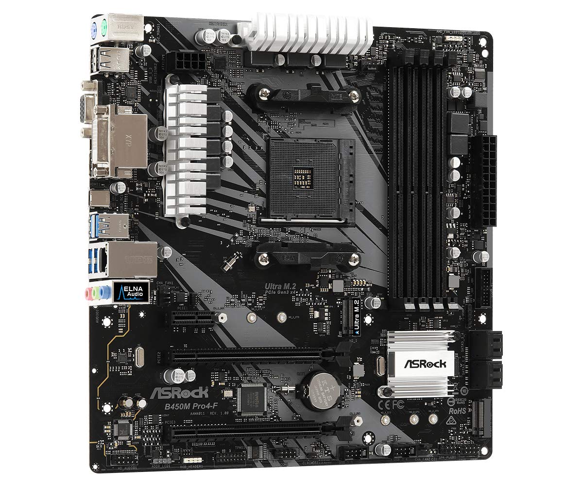 ASRock B450M PRO4-F Socket AM4/ AMD Promontory B450/ DDR4/ Quad CrossFireX/ SATA3&USB3.1/ M.2/ A&GbE/MicroATX Motherboard