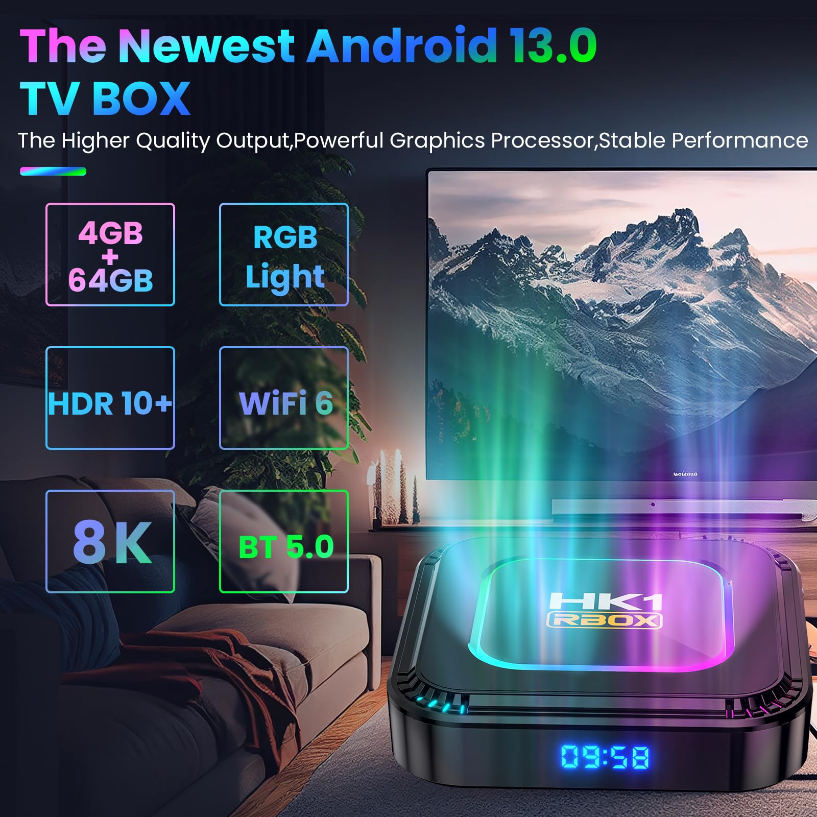 Android TV Box 13.0 4GB RAM 64GB ROM RK3528 WiFi 6 Smart TV Box RGB Light Set Top Box BT5.0 Ultra HD 1080P 4K 8K HLG Mode HDR10+ WiFi 6 USB 3.0 Android Box with Mini Wireless Backlit Keyboard