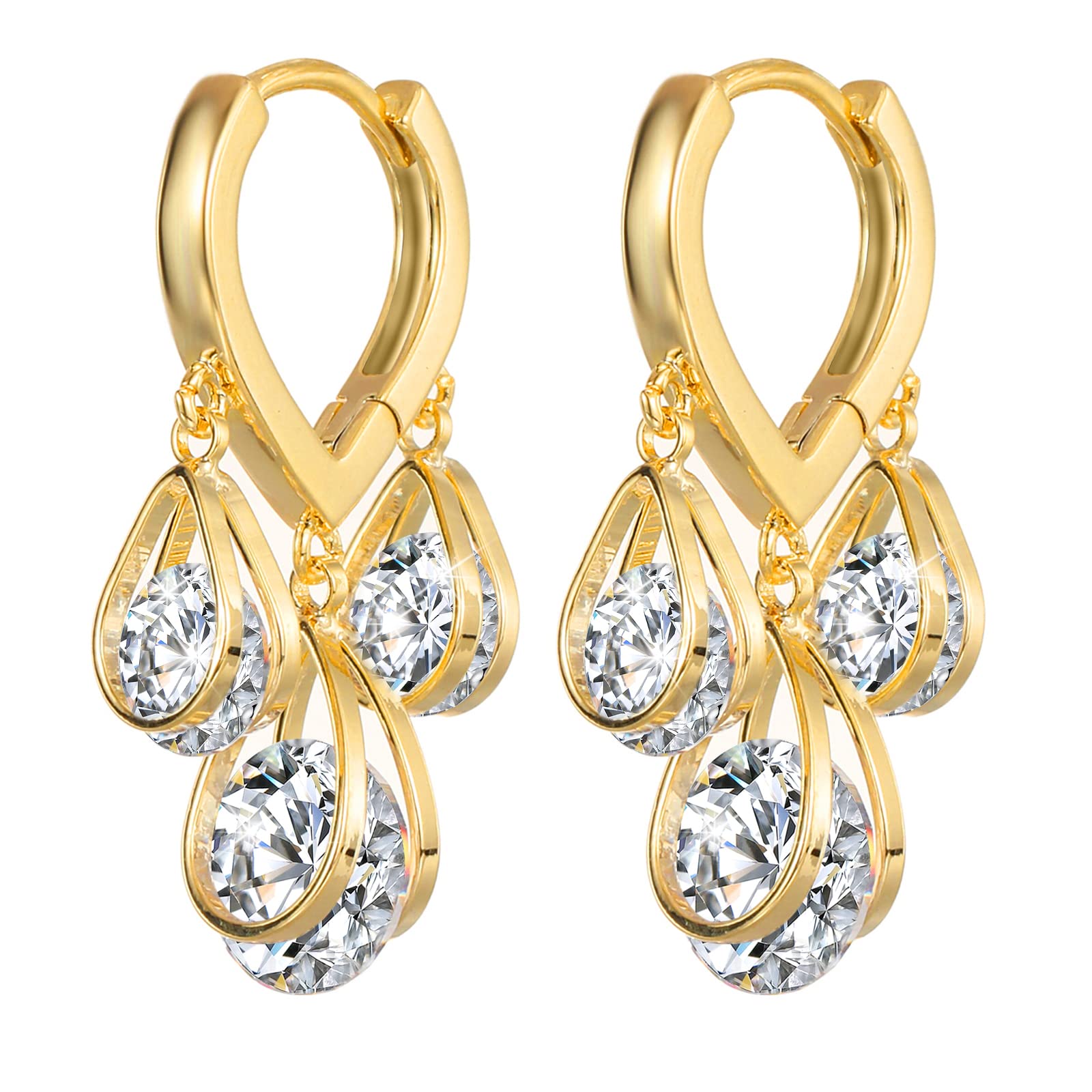 Awinesn Gold Earrings for Women Sparkly 5A Cubic Zirconia Earrings Danity 14k Gold Plated Hoop Dangle Earrings Statement Dangling Earrings Jewelry Gifts for Women