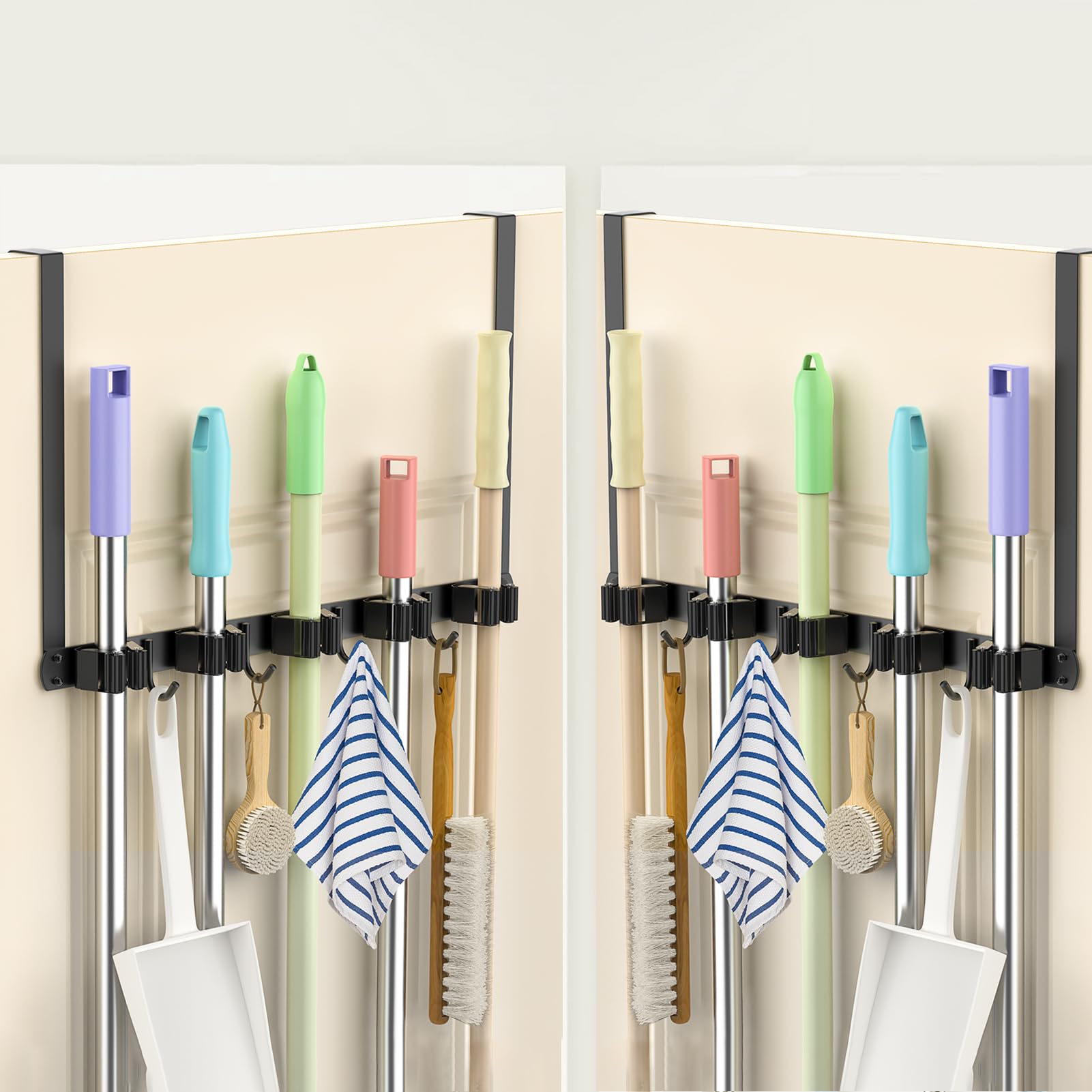 Broom Holder Over The Door-2PCS Drilling Free Mop and Broom Holder with 4 Over Door Hook, Metal Mop and Broom Holder Wall Mount Broom Storage Tool Organizer for Laundry Room Garage Kitchen Bathroom