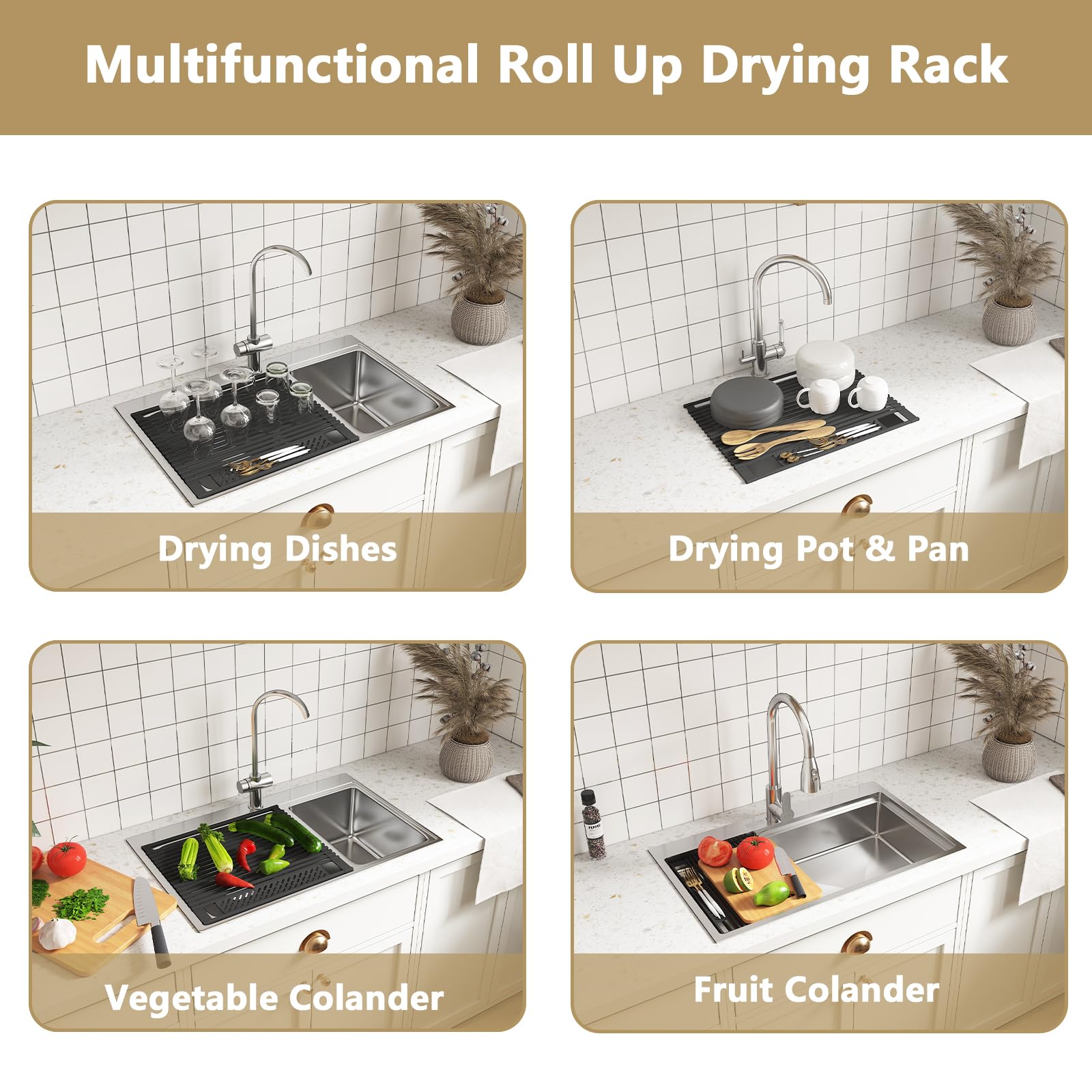 Arausk 16.7" x 14.5" Roll up Dish Drying Rack Silicone Coated Portable Dish Rack Dish Drainer Foldable Stainless Steel Over Sink Kitchen Drainer Rack for Cups Vegetables (XL)