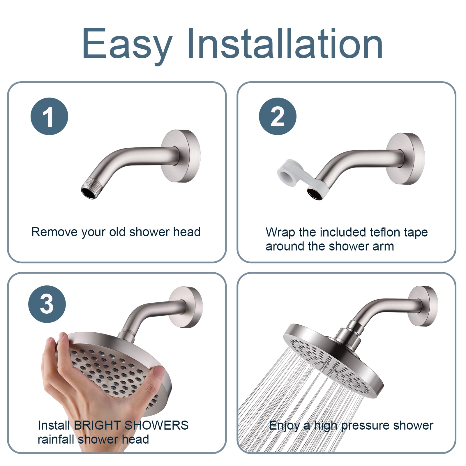 BRIGHT SHOWERS High Pressure Shower Head, 6 Inch Rain Shower Head, 2 Spray Settings Rainfall Shower Heads, Adjustable Angle Replacement Bathroom Showerhead, Easy Installation Brushed Nickel