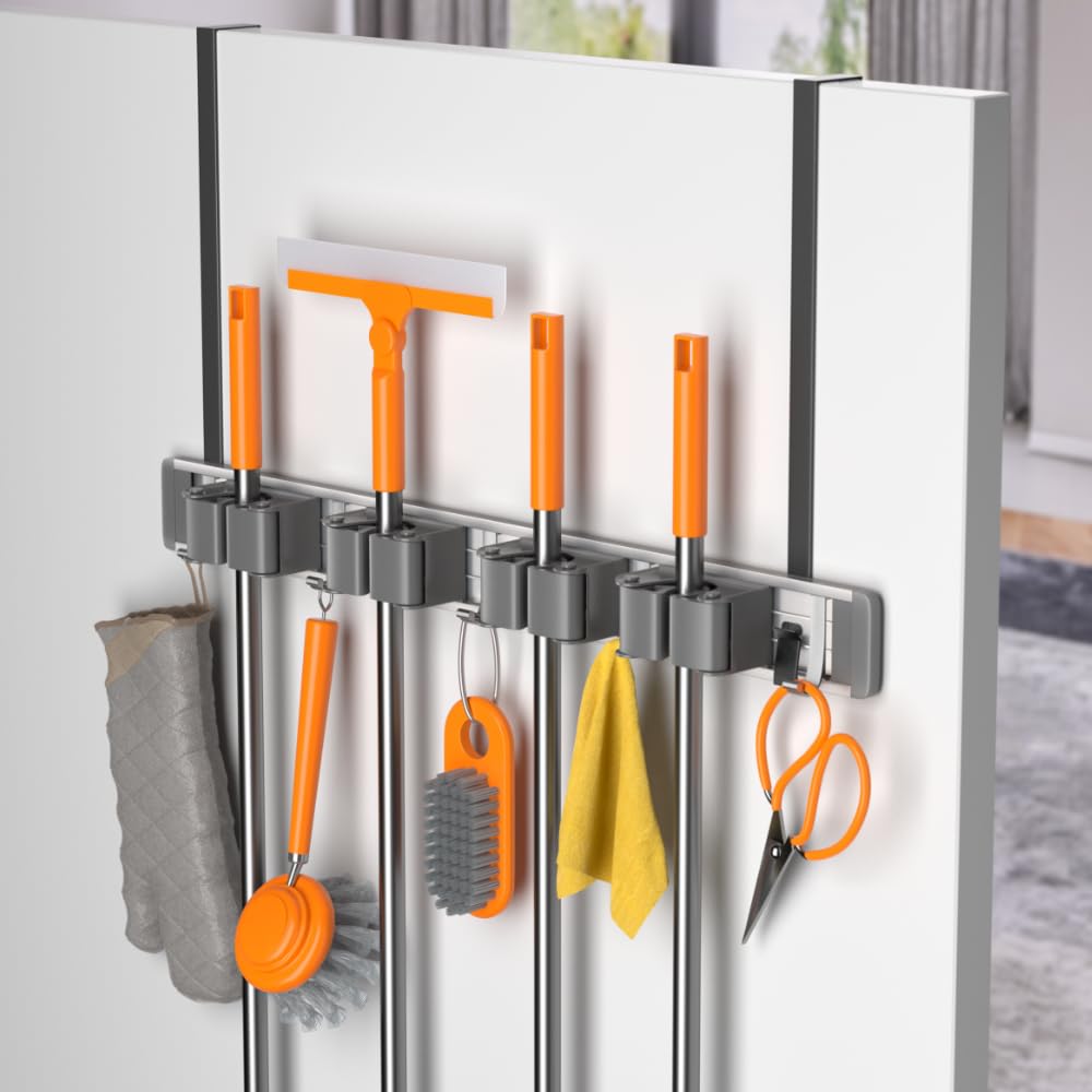 Broom Holder Wall Mount, [4 Racks & 5 Hooks] Drilling Free Mop and Broom Holder with 2 Over Door Hooks, Tool Organizer for Laundry Room, Garage, Kitchen, Closet, Bathroom, Pantry - Space Grey