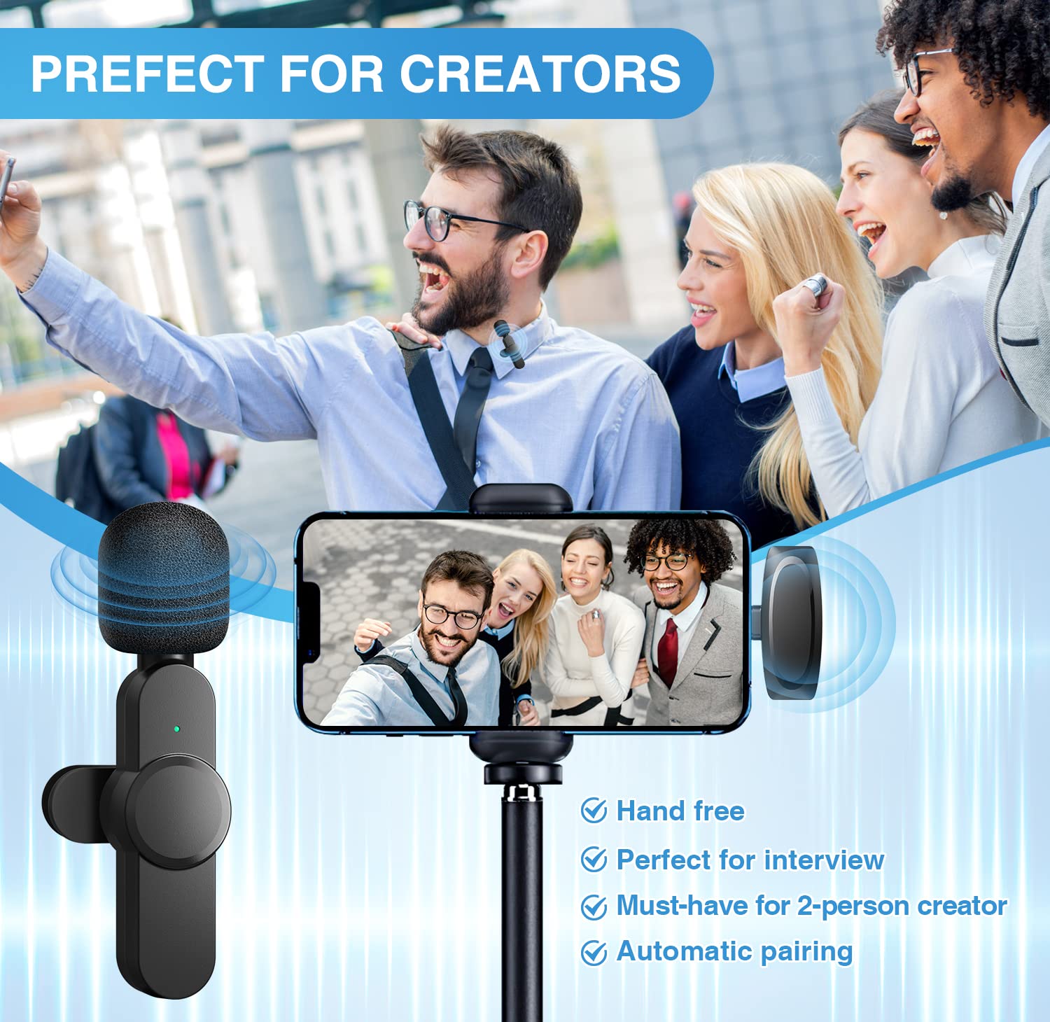AIKELA 2 Pack Wireless Lavalier Lapel Microphone for iPhone,iPad-Cordless Double Mics Plug-Play 2.4G Ultra Low Delay Built-in Noise Reduction Chip 7H Long Working Time for Two-Person Creator, 65ft