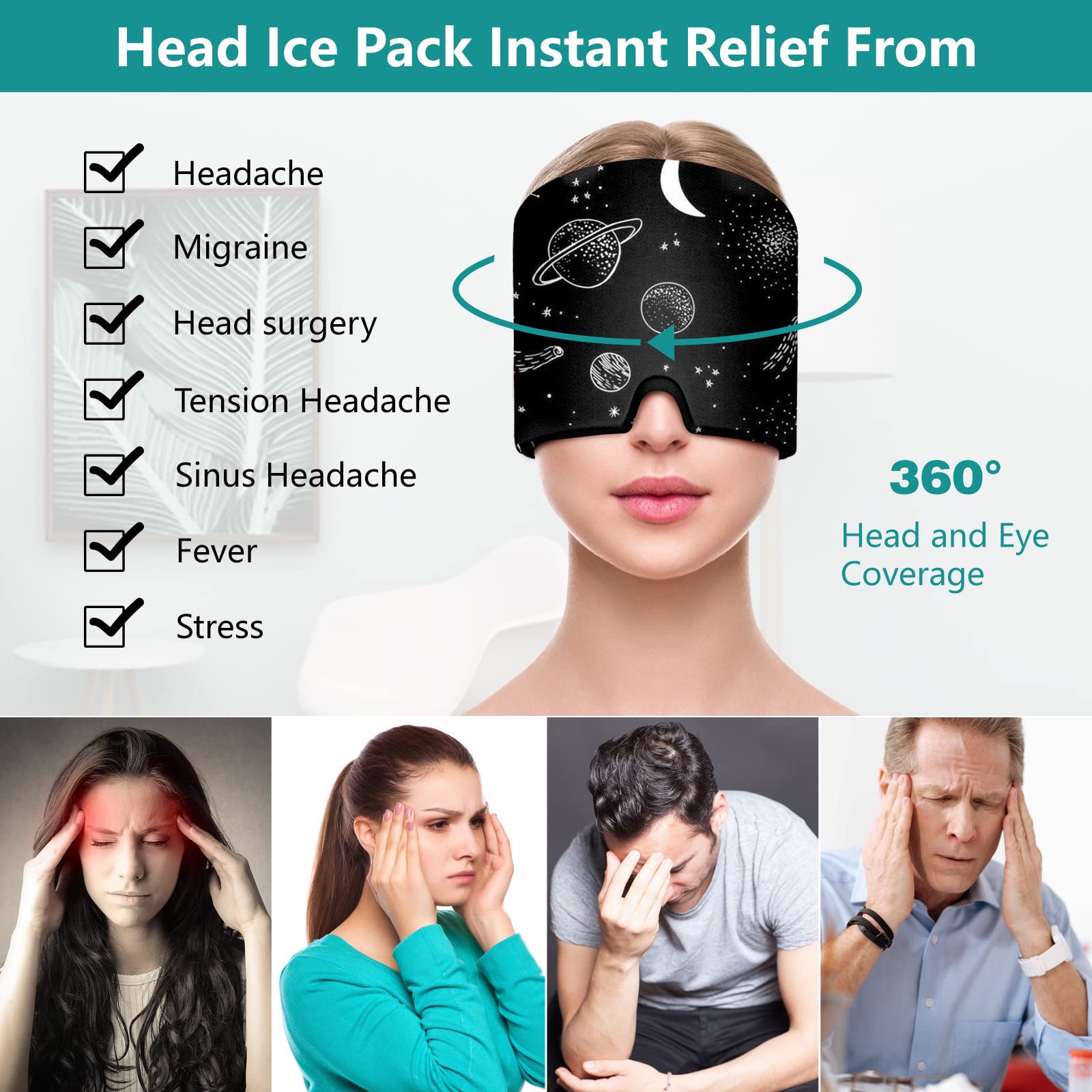 Briyard Migraine Relief Cap (400FF), Headache Relief Hat for Migraine Ice Head Wrap, Ice Pack for Headaches, Migrane Pain Relief Mask +Migraine Relaxation Clip Star Black