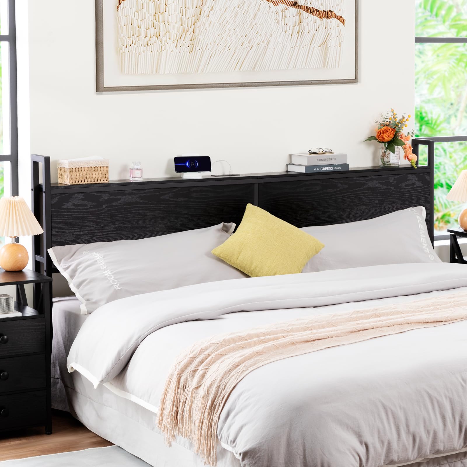 LOAKEKEL Queen Headboard Only, Headboard Queen Size with Outlets and USB Ports, Adjustable Height, Wood Platform Bed Headboard with Storage Rack, Easy Assembly, Black HB051BK