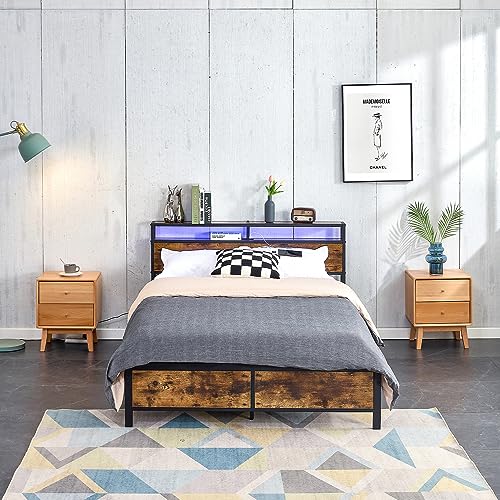 Anwickhomk Modern Industrial Full Size Bed Frame with LED Lights and 2 USB Ports,with Wood Shaving Headboard and Platform Bed Frame,Bearing Capacity Up to 900 LBS