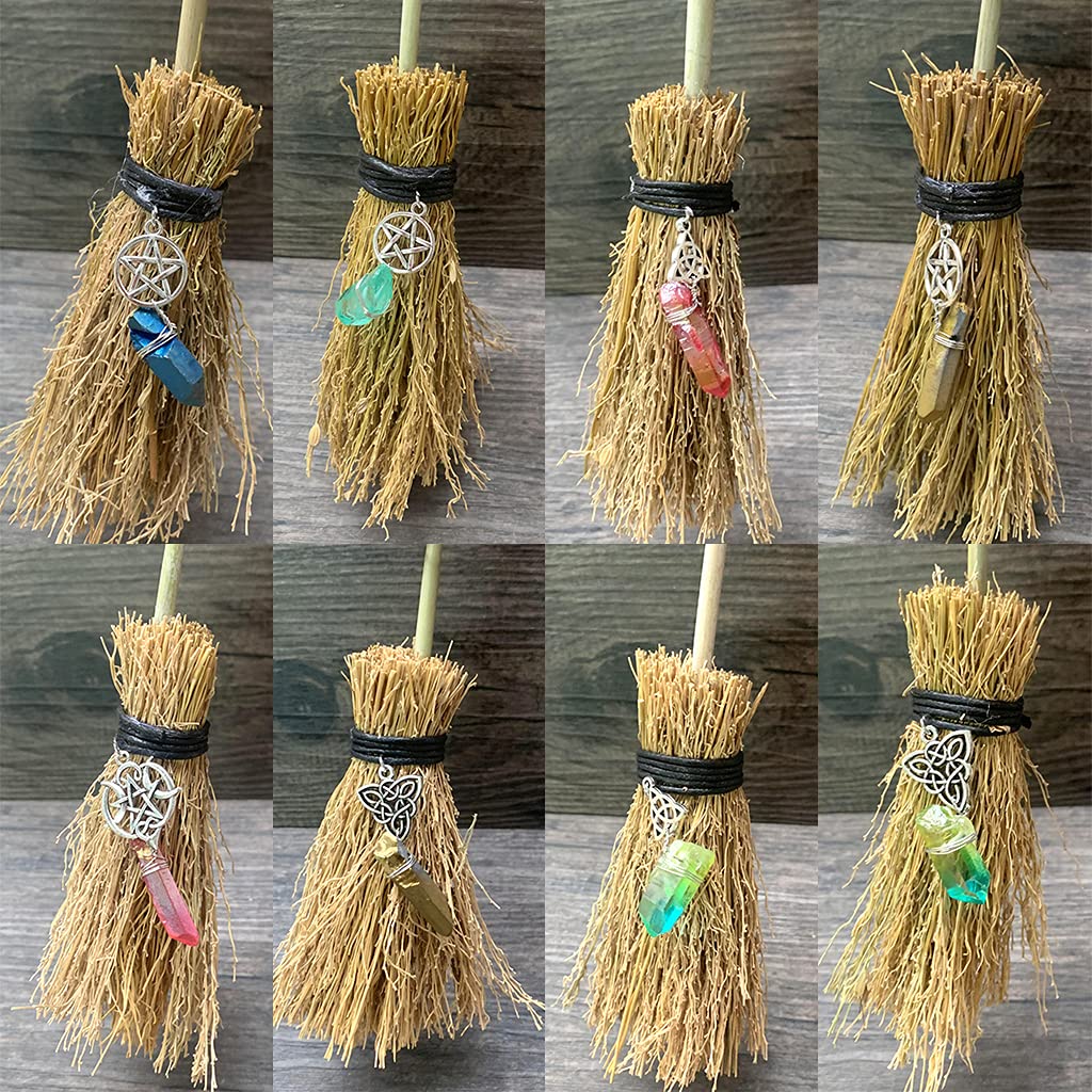 Broom Straw Witch Brooms With Hanging Crystal Pendant Decorations For Halloween Broom Accessories