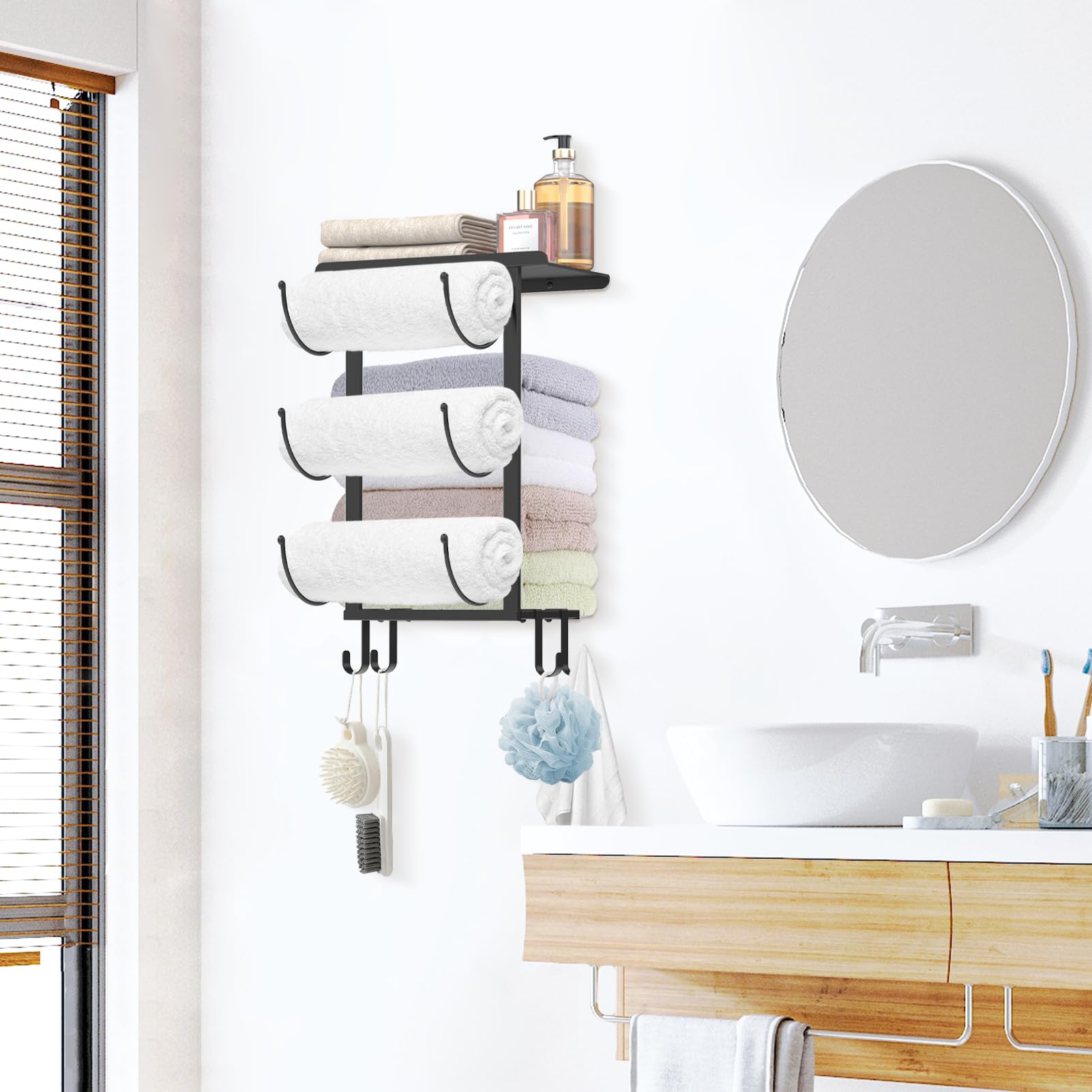 Wall Mounted Towel Rack for Rolled Towels, Oppro Double-Sided Wall Towel Storage for Small Bathroom with Shelf & Hooks, Upgrade Bath Towel Racks Holds 6 Large Size of Rolled Towel, Black