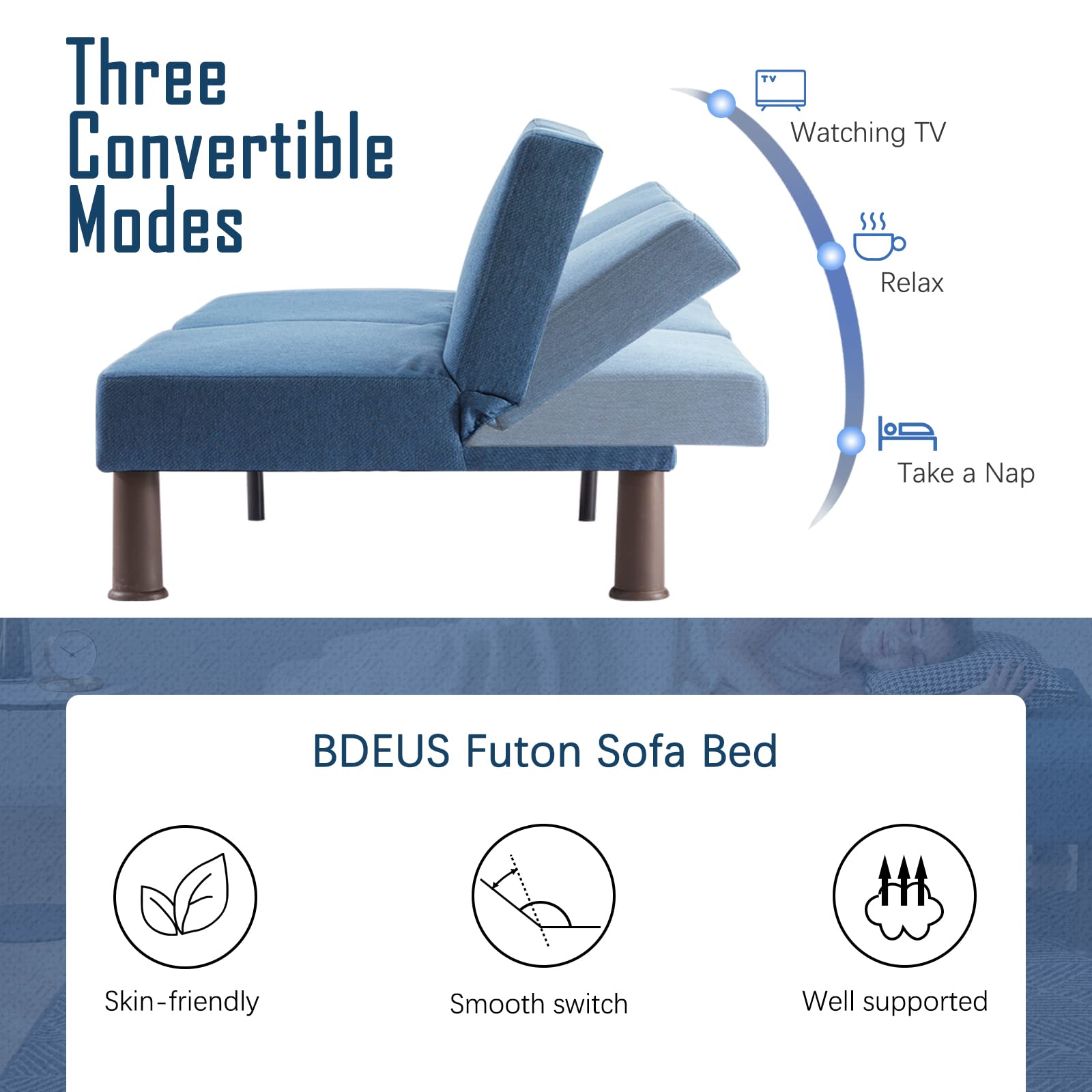 BDEUS 70" Futon Sofa Bed, Convertible Sofa Couch Sleeper with Armless Design, Easy Assembly, 800 lbs Capacity Modern Recliner Lounge Couch for Living Room Apartment Dorm Office (Armless Futon, Blue)