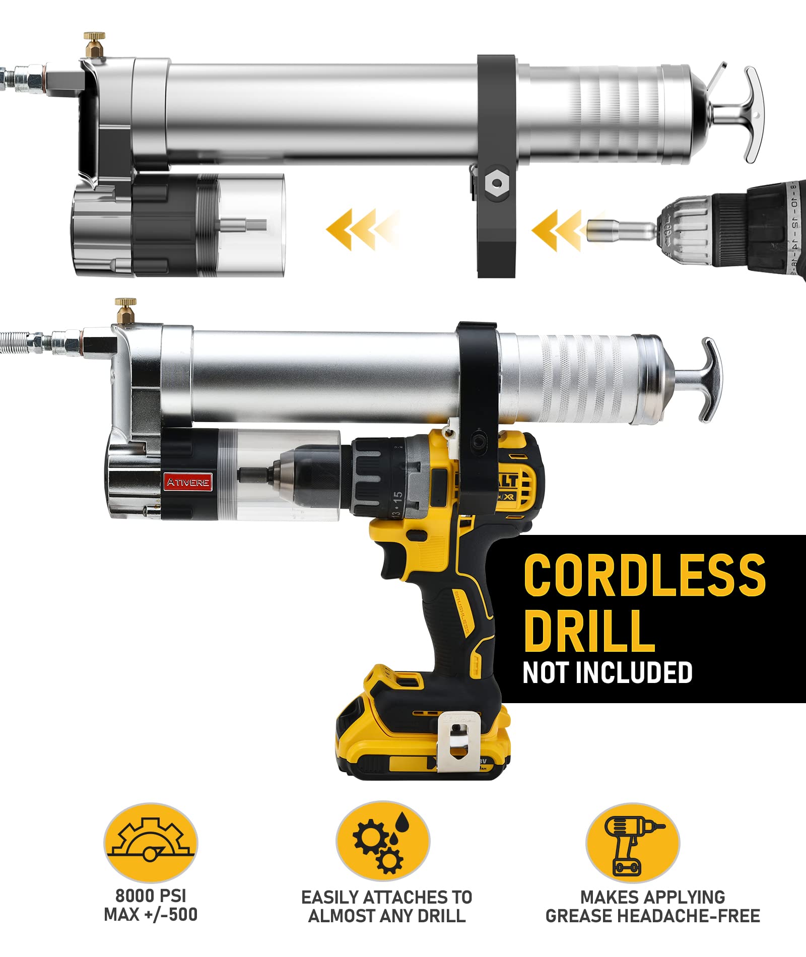 ATIVERE Electric Grease Gun Drill Adapter with 14 OZ Load, Locking Grease Gun Coupler, 12 Inch High Pressure Hose, Extension Rigid Pipe, Pneumatic Tool, Universal Conversion Gun Head