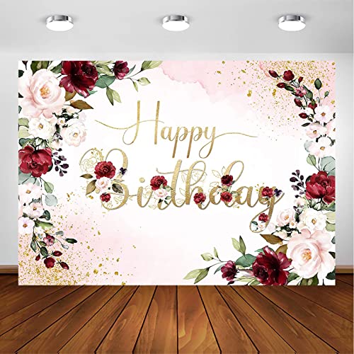 Avezano Happy Birthday Backdrop for Women Burgundy White and Red Rose Gold Glitter Bokeh Spots Photo Background Vinyl Birthday Party Decorations Banner Supplies (7x5ft)