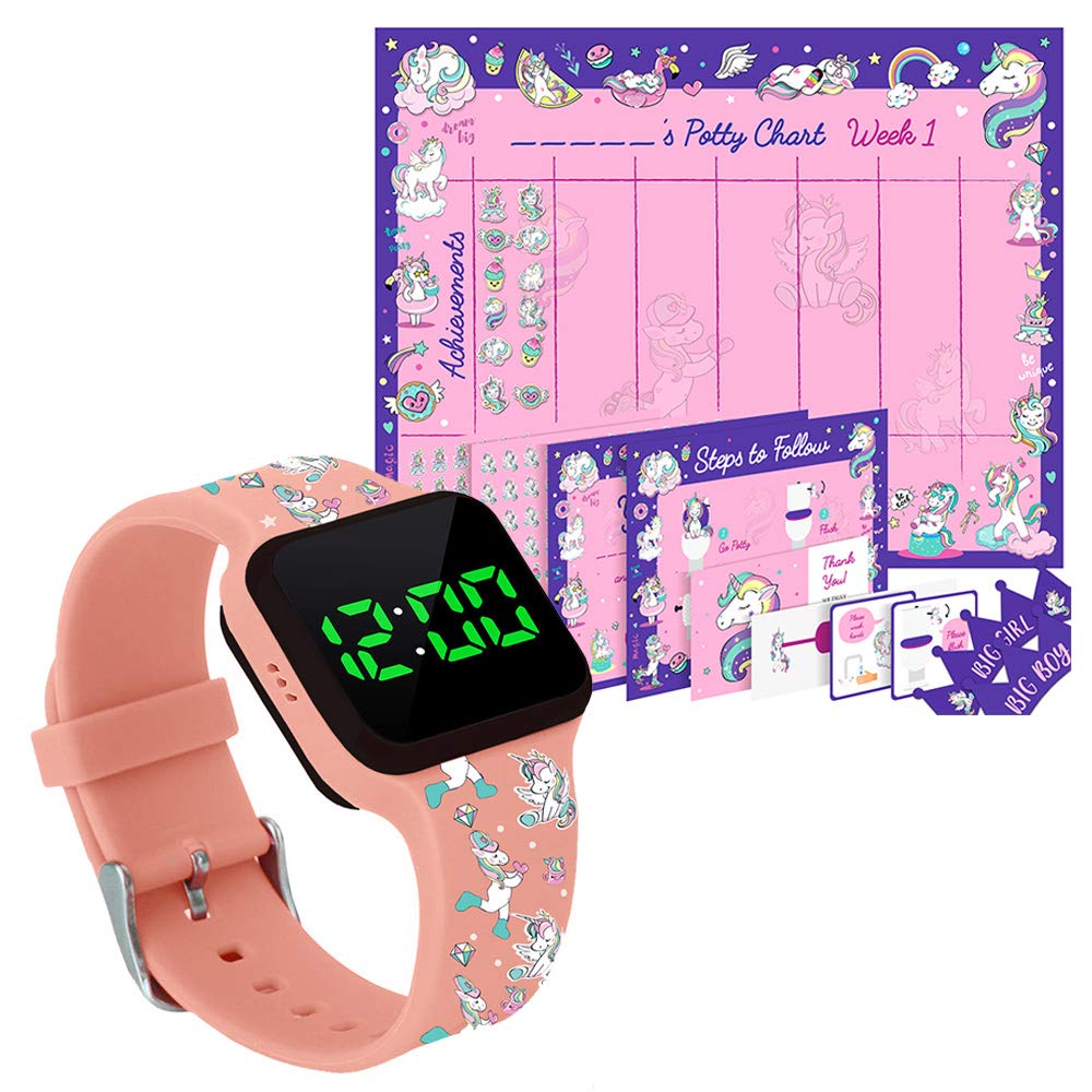 ATHENA FUTURES Potty Training Timer Watch with Flashing Lights and Music Tones -Unicorn Pattern and Potty Training Chart for Toddlers - Unicorn Design - Sticker Chart, 4 Week Reward Chart