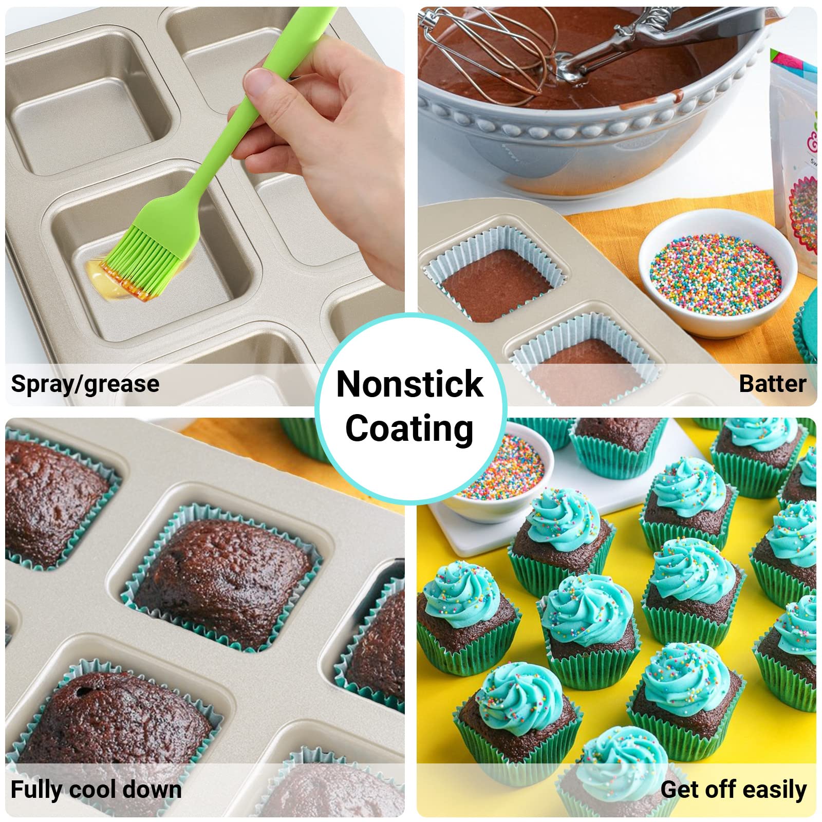 Beasea Brownie Pan, 1 Pack 6 Cavity Gold Nonstick Square Mini Brownie Muffin Cake Pan Cheesecake Cupcake Bakeware Carbon Steel Brownie Baking Tray 2x3 Individual Cutter Bakeware for Oven Baking