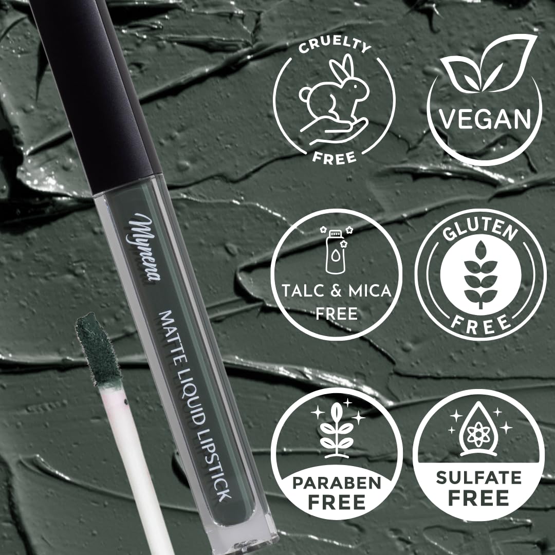 Mynena Dark Green Long-Lasting Matte Liquid Lipstick | Intense Color, Smudge-Proof & Waterproof | Comfortable, Hydrating Shea Butter | Vegan & Cruelty-Free | Jocelyne