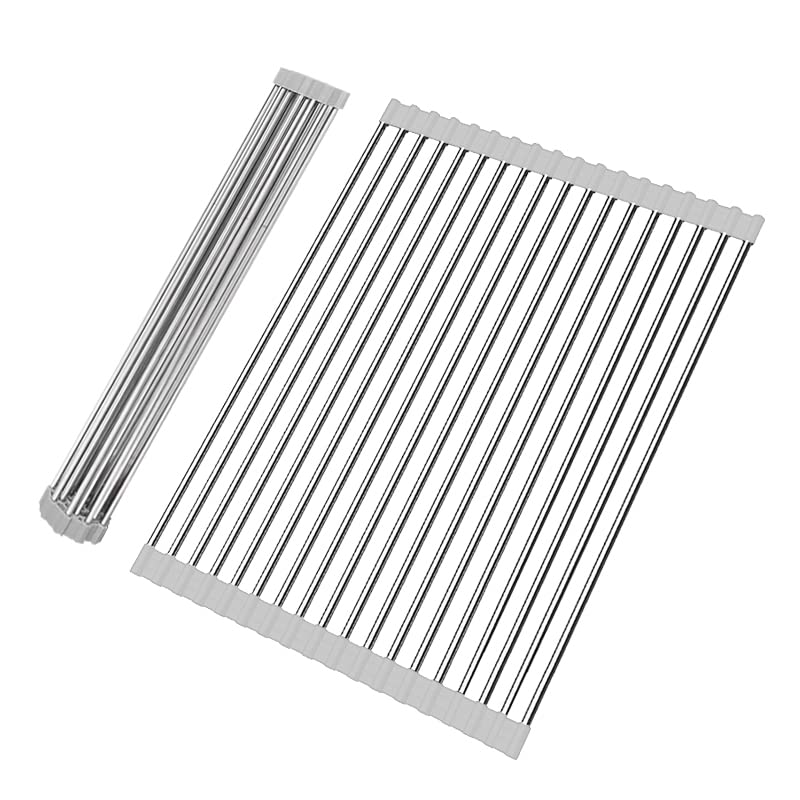C CRYSTAL LEMON Food-Grade Silicone Drying Rack for Kitchen Sink Roll Up Dish Drying Rack Over The Sink Drying Rack 14.17 x 14.56 inch Silver Foldable Stainless Steel Wire Dishes Drying Rack