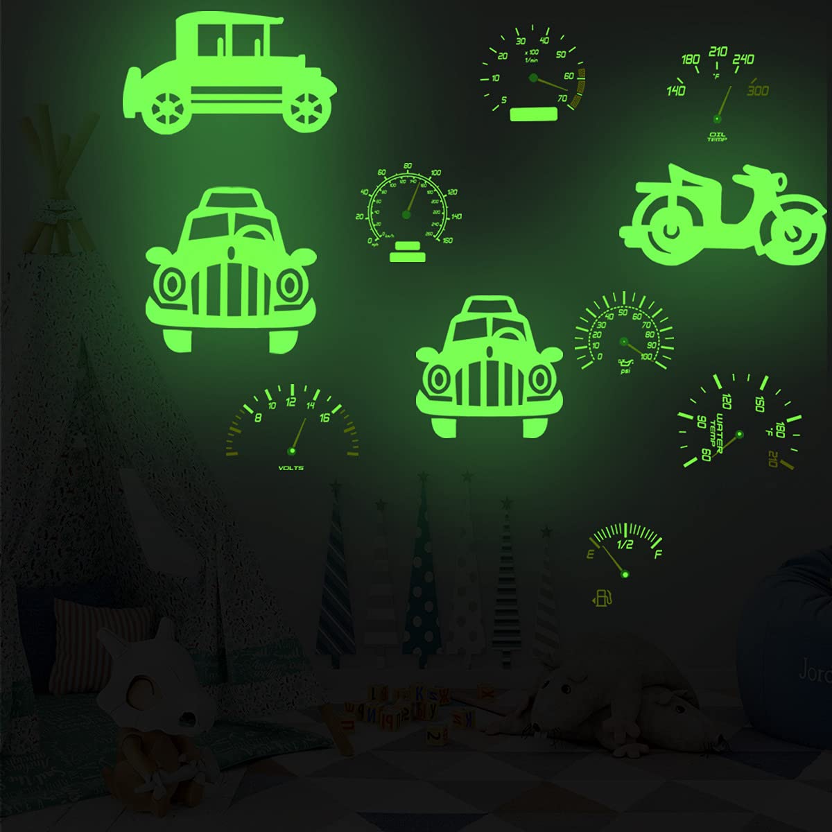 Arquiel Car Wall Decals Glow in The Dark Motorcycle Dashboard Wall Stickers for Baby Boys Bedroom Ceiling Nursery Playroom