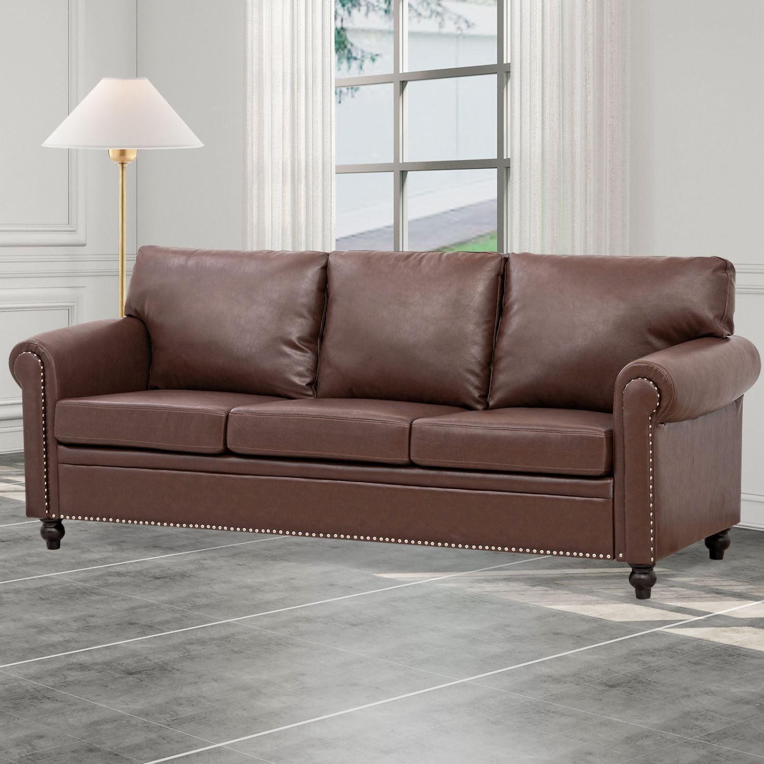 TINGMAMADEHUA Modern Brown Faux Leather Sofa β 3-Seater Couch for Living Room, Comfy Upholstered Design with Tufted Detachable Back Cushions, Traditional Rolled Arms, and Nailhead Trim β Easy Assembly