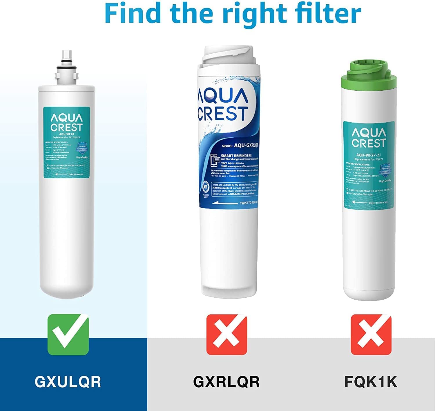 AQUA CREST GXULQR, FQK1R Under Sink Replacement Filter, Replacement for Hexagonal Head GE SmartWater GXULQR, GXULQK and GXK140TNN, 2K Gallons (Pack of 2)