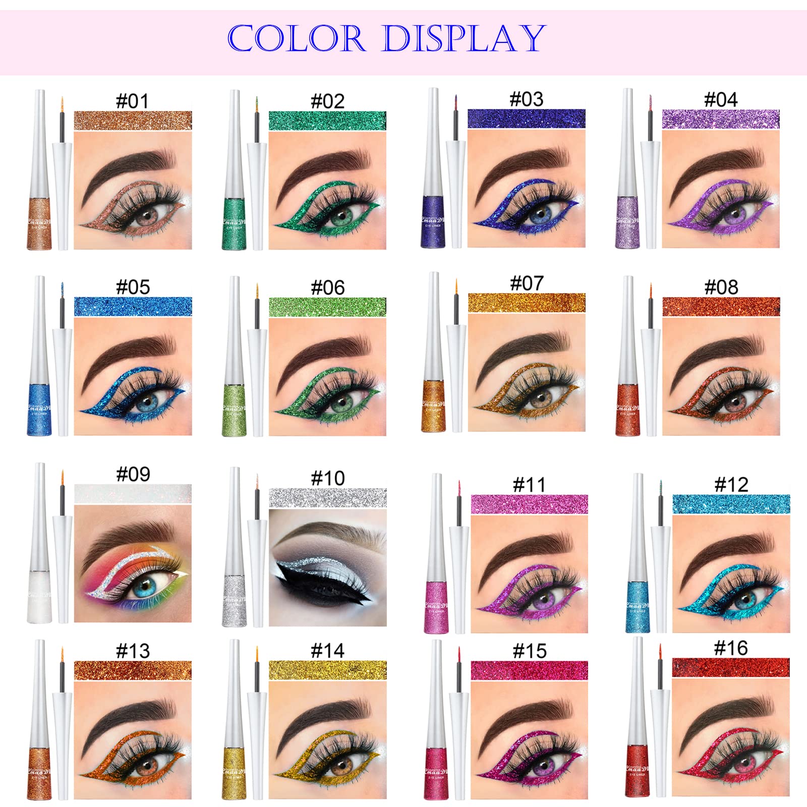 Aseawave 16 Colors Liquid Glitter Eyeliner Set, Metallic Shimmer Glitter Eyeshadow, Colorful Rainbow Eyeliner Long Lasting Waterproof Face Lips Art for Party Festival Makeup