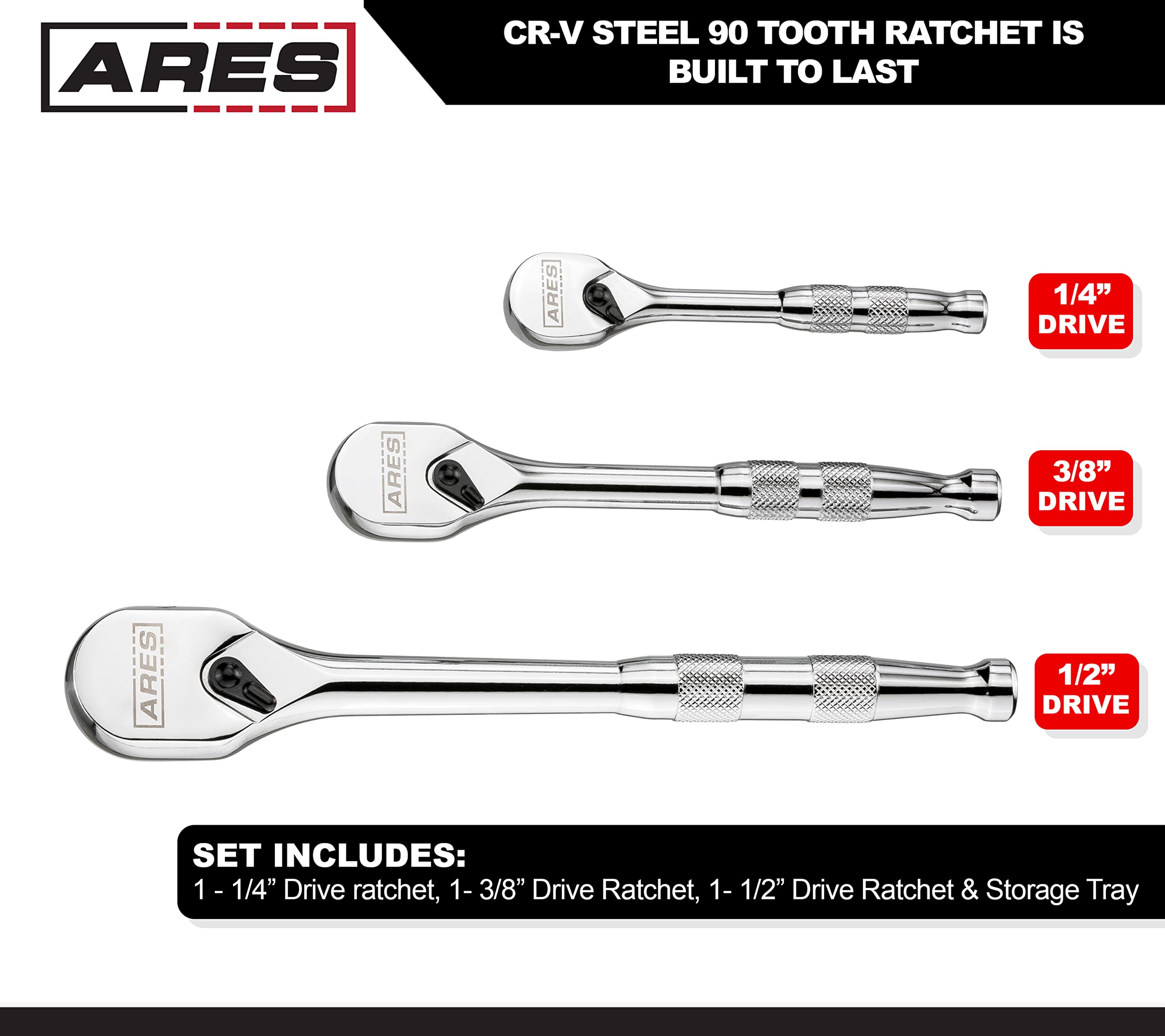 ARES 42000-3-Piece 90-Tooth Full Polish Ratchet Set - Chrome Vanadium Steel Construction & Chrome Plated Finish - Reversible Design - 4 Degree Swing - Ratcheting Tool Set