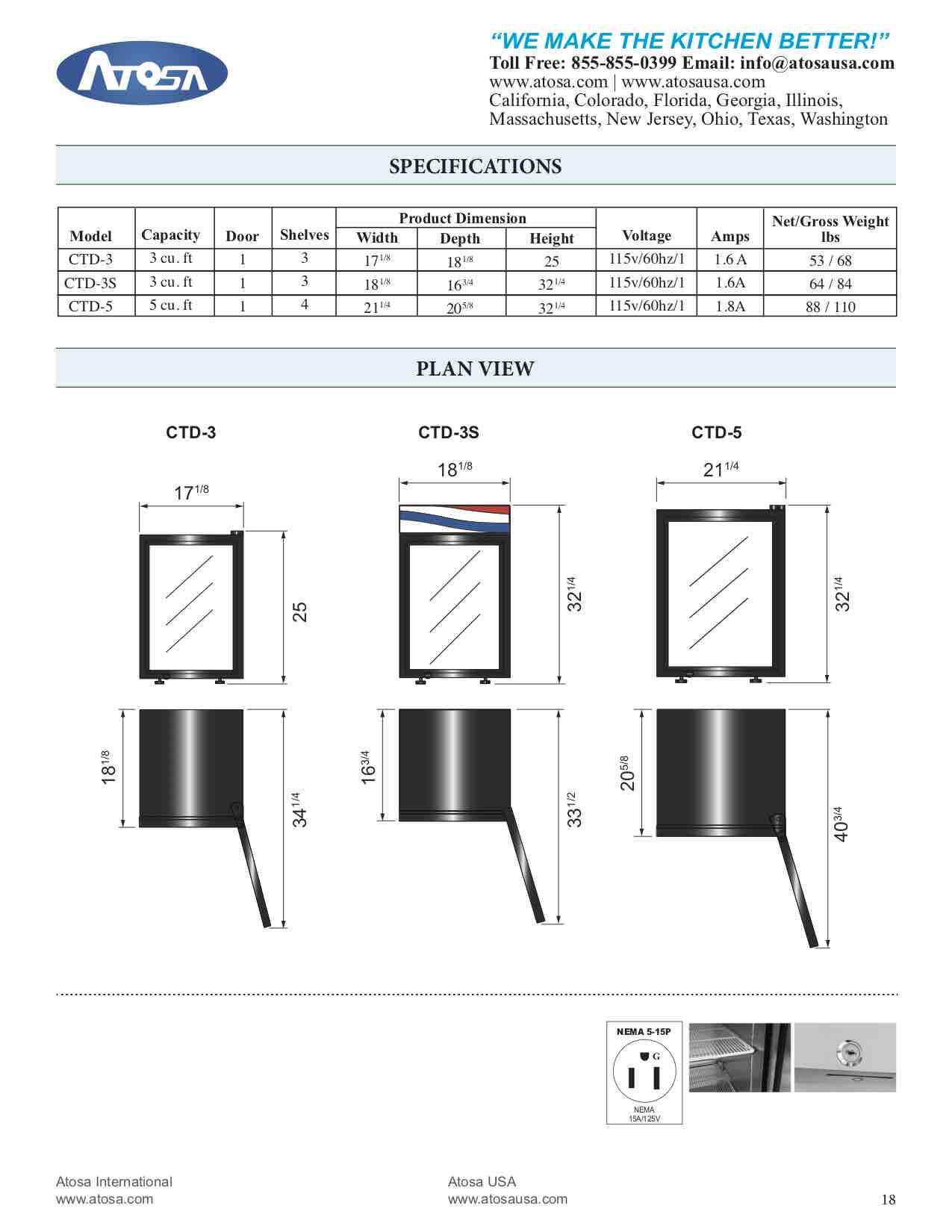 Atosa CTD-3 17 1/4" Countertop Reach-in Glass Merchandiser Display Refrigerator for Cafeteria Deli Convenient Stores | LED Lighting, 1-Swing Door, 3-Shelf, 2.4 Cu Ft Capacity | Black Coated, 115v