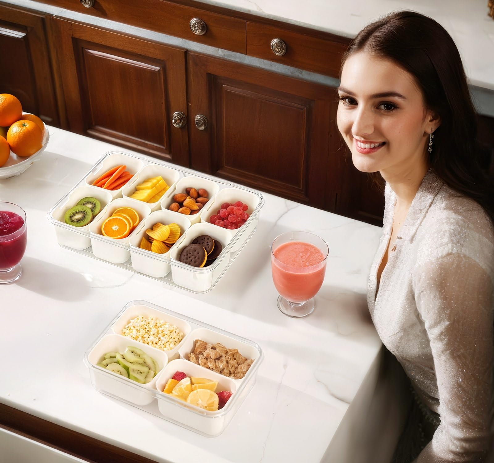 TOGGOT Portable Snackle Box Container - Divided Serving Tray with Lid and Handle, Clear Snack Box Organizer for Fruits, Candy, Charcuterie, Snacks - Ideal for Party, Travel & Beach - 2 Pack