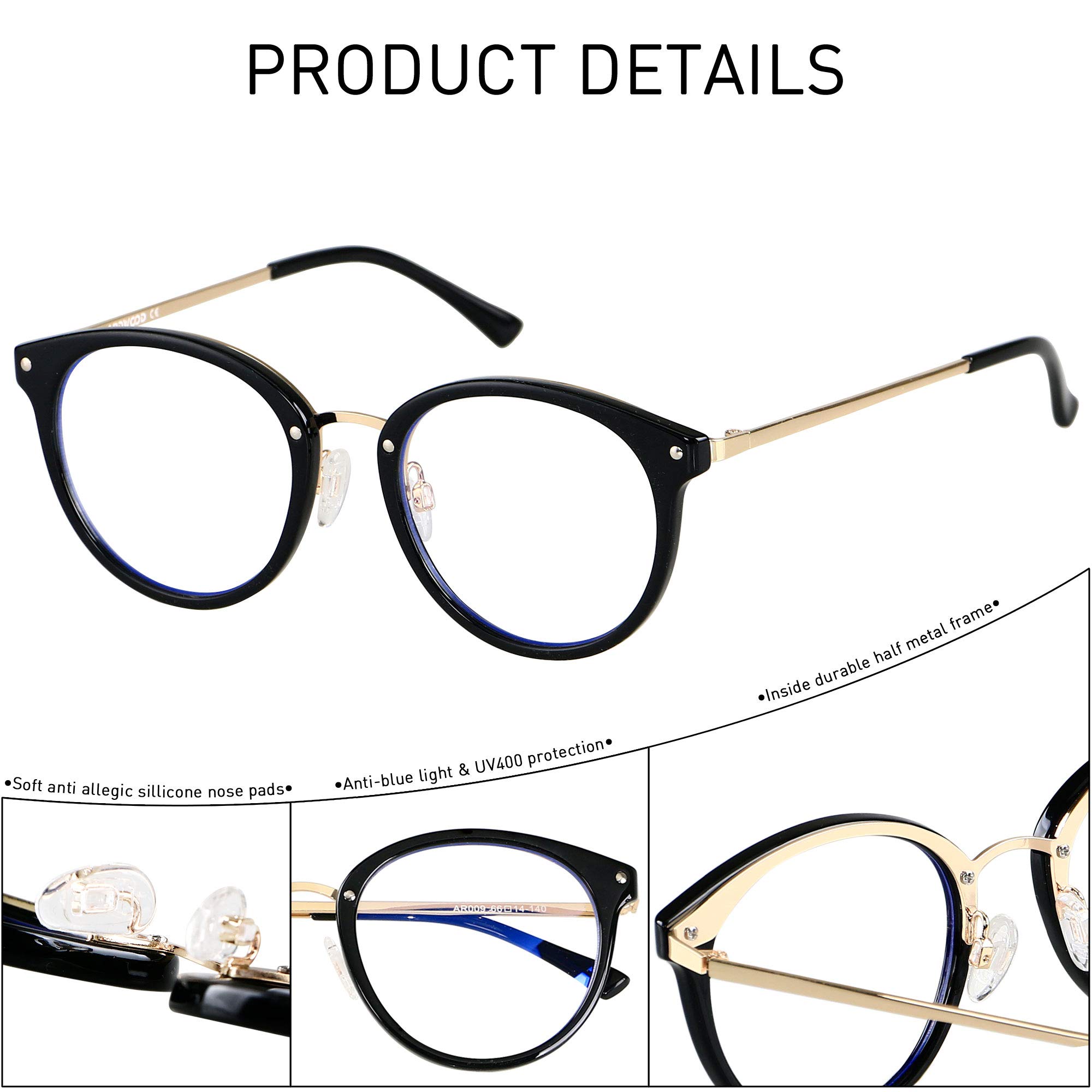 ANDWOOD Oversized Blue Light Blocking Glasses Women Big Round Computer Fake Bluelight Blocker Circle Frame Black