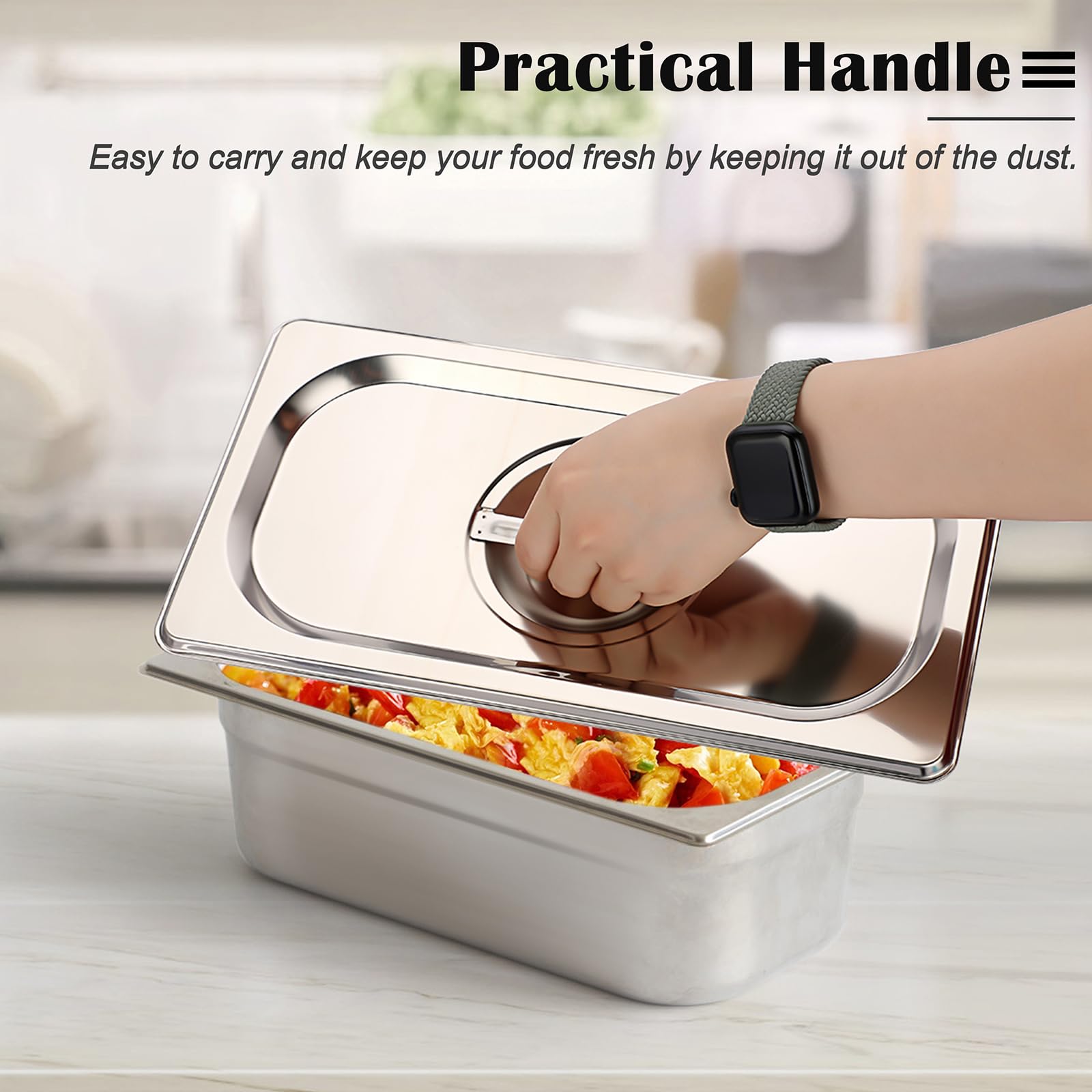 BSTKEY 10 Pack 1/3 Steam Table Pan Covers Stainless Steel Hotel Pan Lid with Handle, Catering Food Pan Cover,Hotel Pan Cover