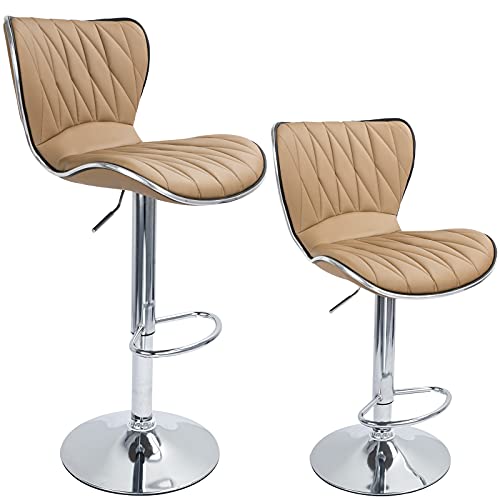 JONAFORS Premium Adjustable Swivel Bar Stools,Kitchen Counter Bar Stools PU Leather Padded with Back, Set of 2, Khaki