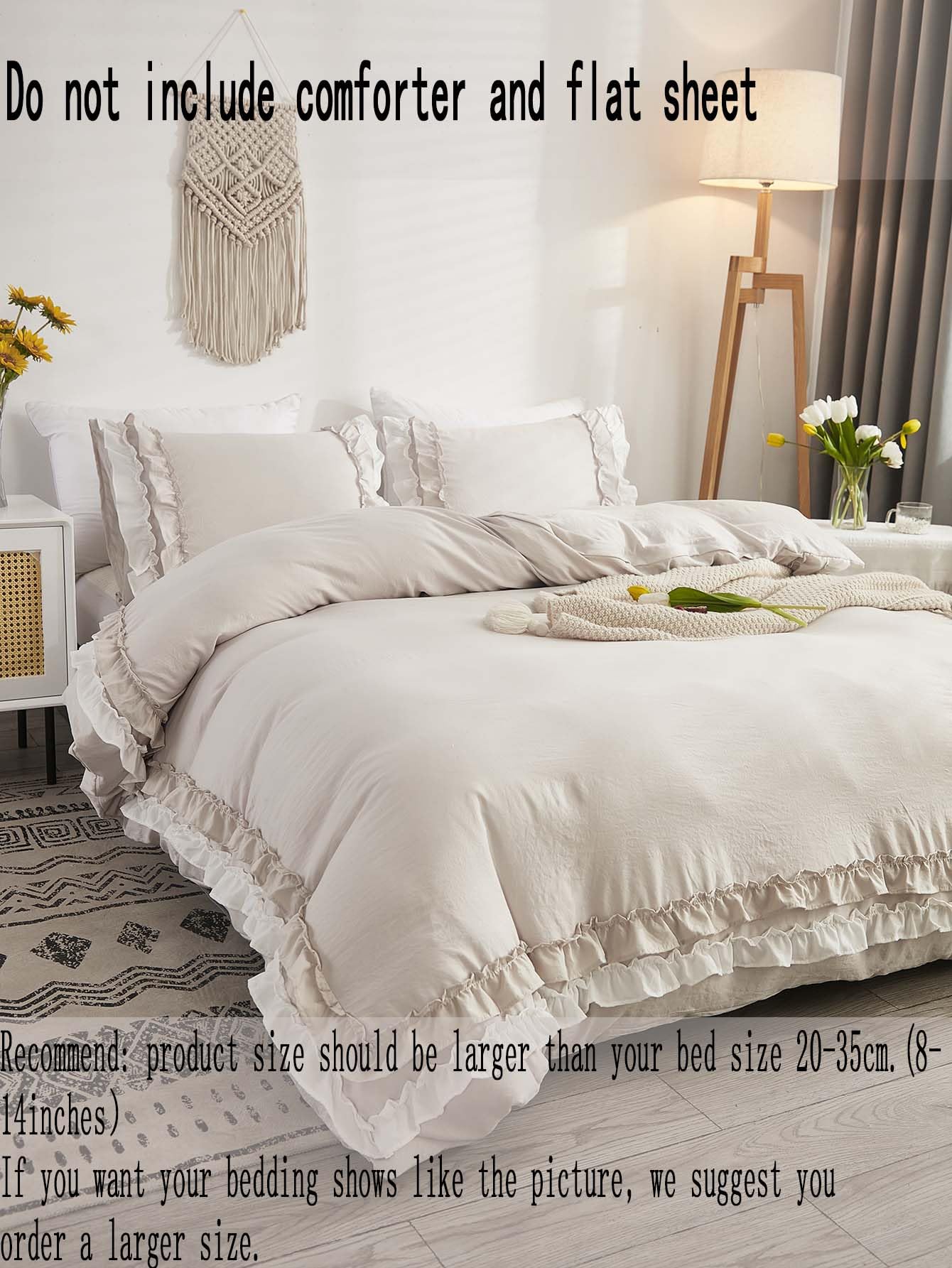 QWINEE 3Pcs Shabby Chic Double Layer Ruffle Duvet Covers Sets Soft 3 Pieces Boho Vintage Farmhouse Bedding Set with 1 Comforter Cover and 2 Pillowcases for All Season Rustic Lightweight Beige Queen