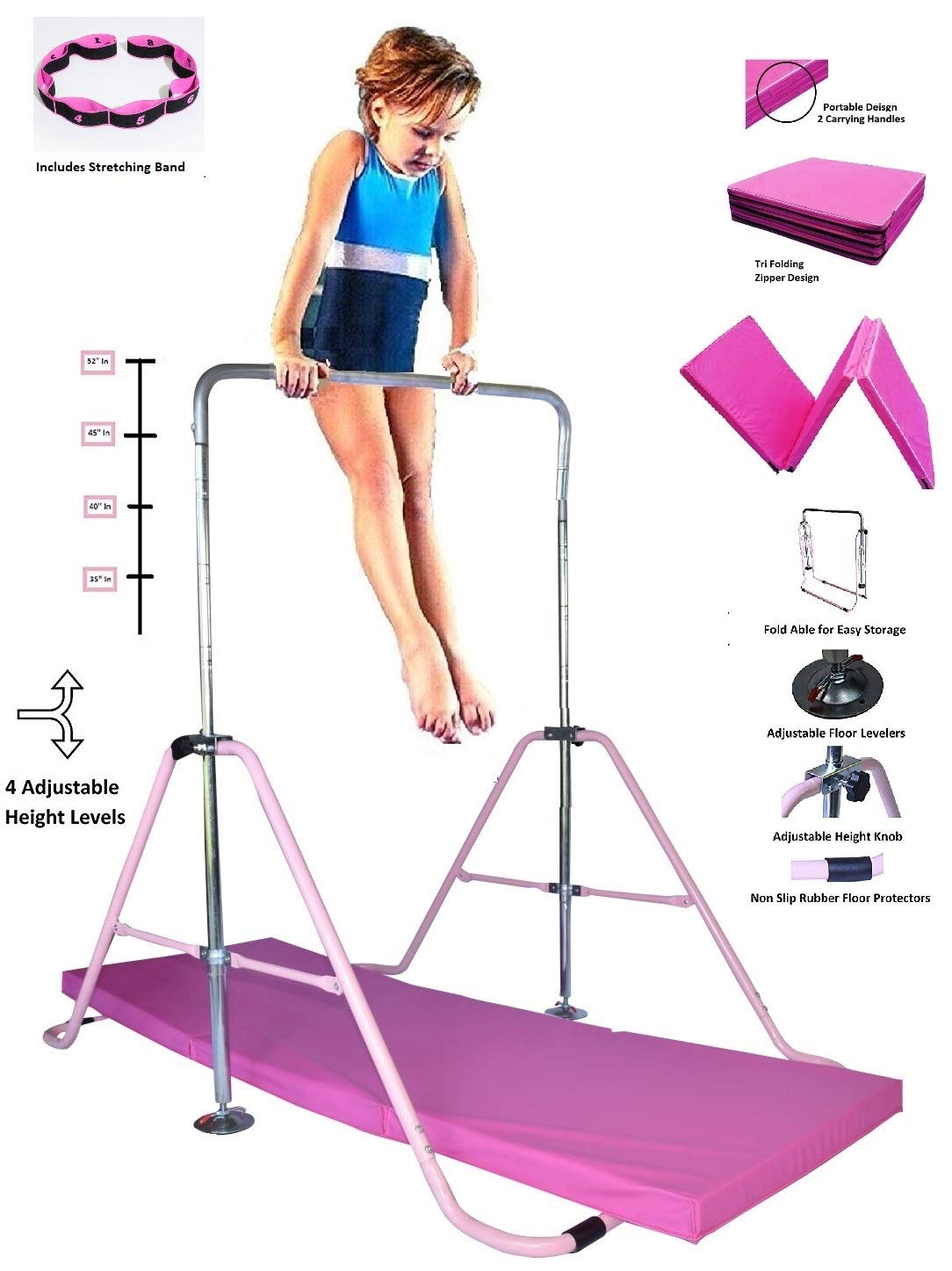 Athletic Bar Kids Gymnastics Bar Horizontal Kip Bar + 2x6 Tri Fold Mat Junior Training Adjustable Expandable Height Jungle Gym Monkey Bars Climb Tower Playground Gymnasts + Stretch Band (Pink)