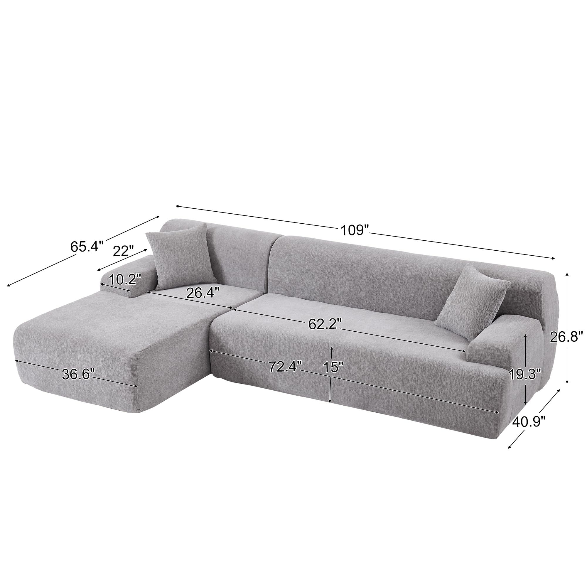 GNIXUU Minimalist Modular Sectional Sofa Cloud Couch, Modern Chenille 2 Pieces Deep Sectional Couches for Living Room, Comfy Upholstered 4-Seater L-Shaped Sofa with Chaise(109" Gray)