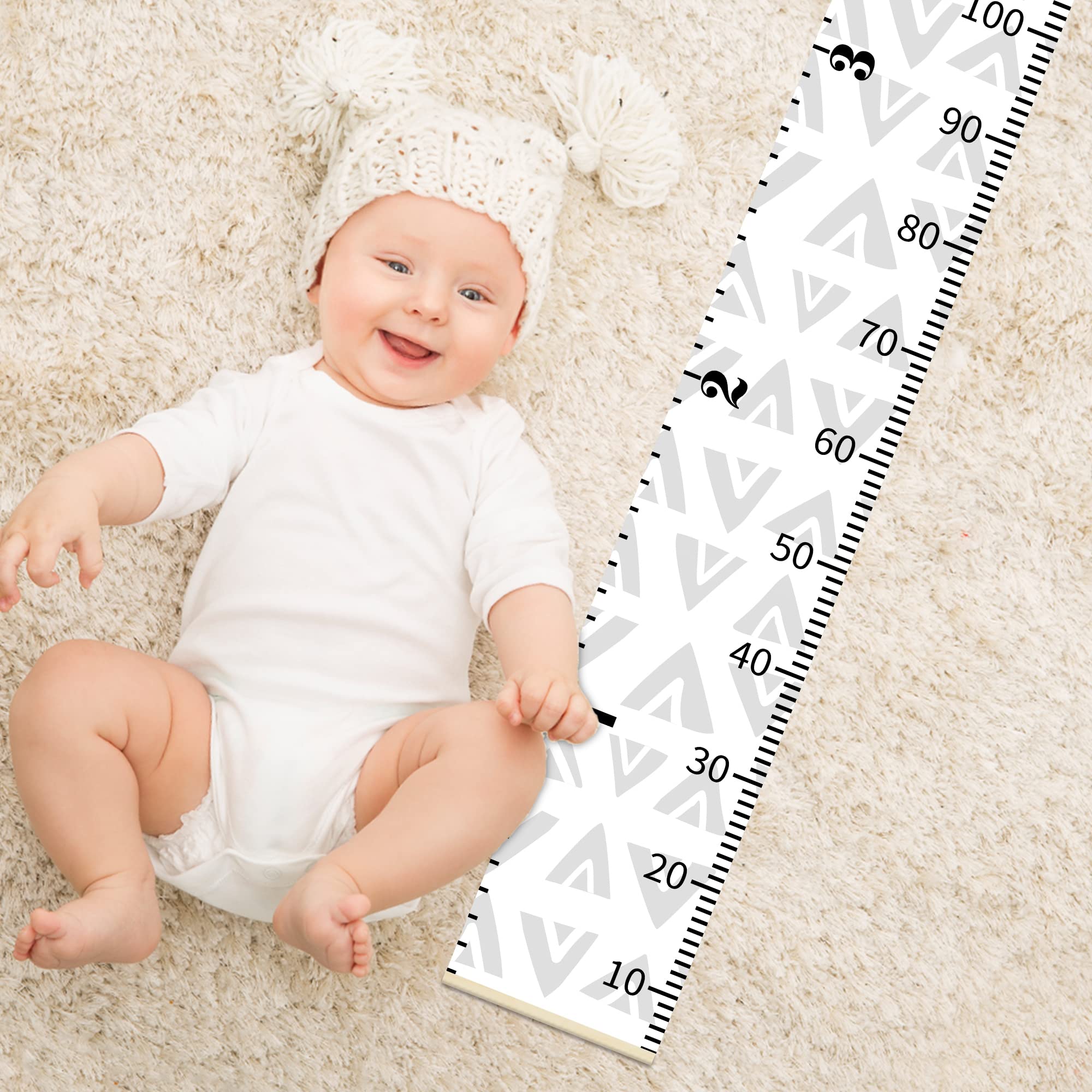 ASENART Baby Growth Chart Hanging Ruler Wall Decor, Wood Frame Fabric Canvas Removable Height Measurement Ruler Wall Height Growth Chart for Kids Toddlers and Babies (Geometric Pattern)