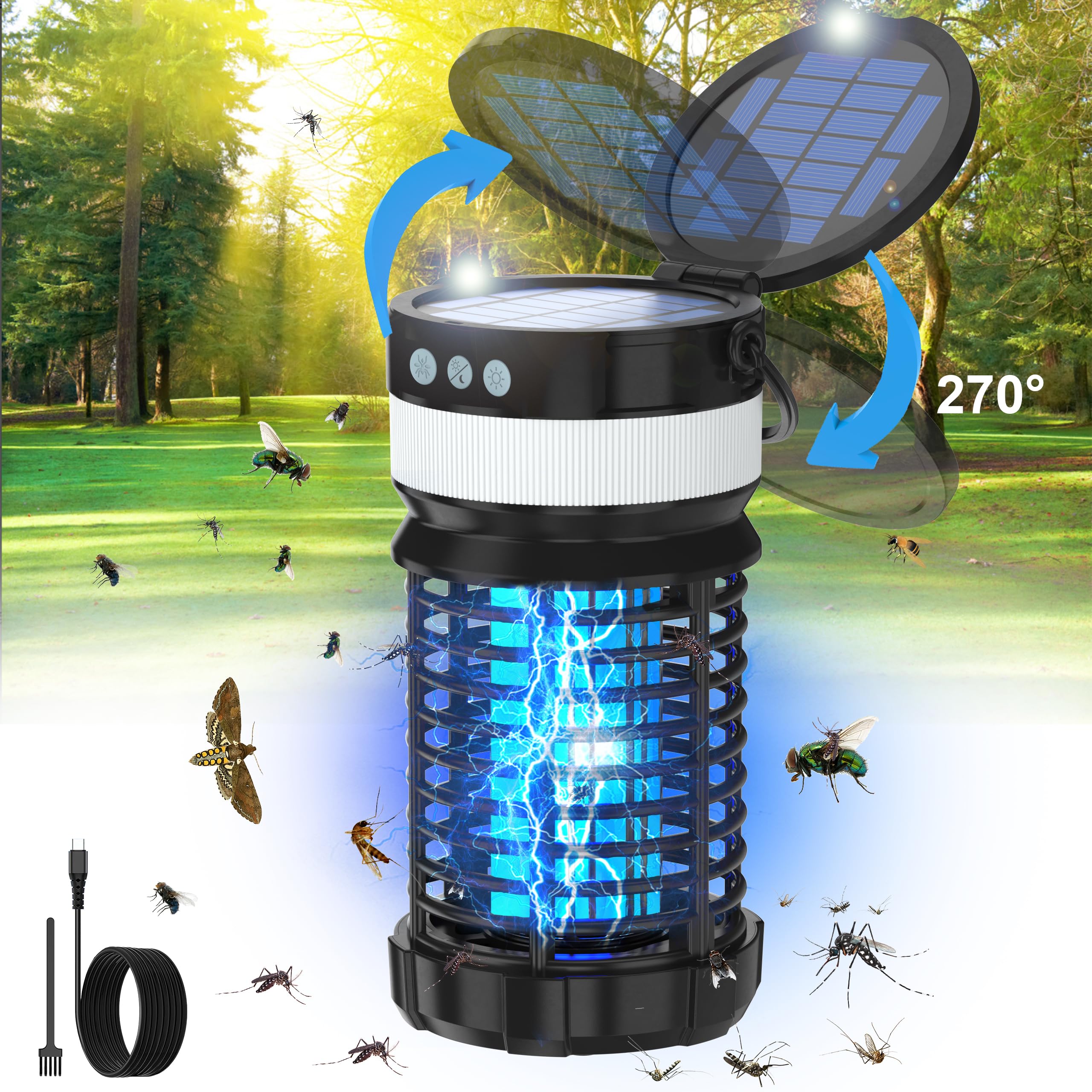 Solar Bug Zapper Outdoor, Mosquito Zapper, Electric Fly Zapper, Cordless & Rechargeable Mosquito Killer, Waterproof Fly Traps for Home Garden Patio Backyard Camping (1,Black2)