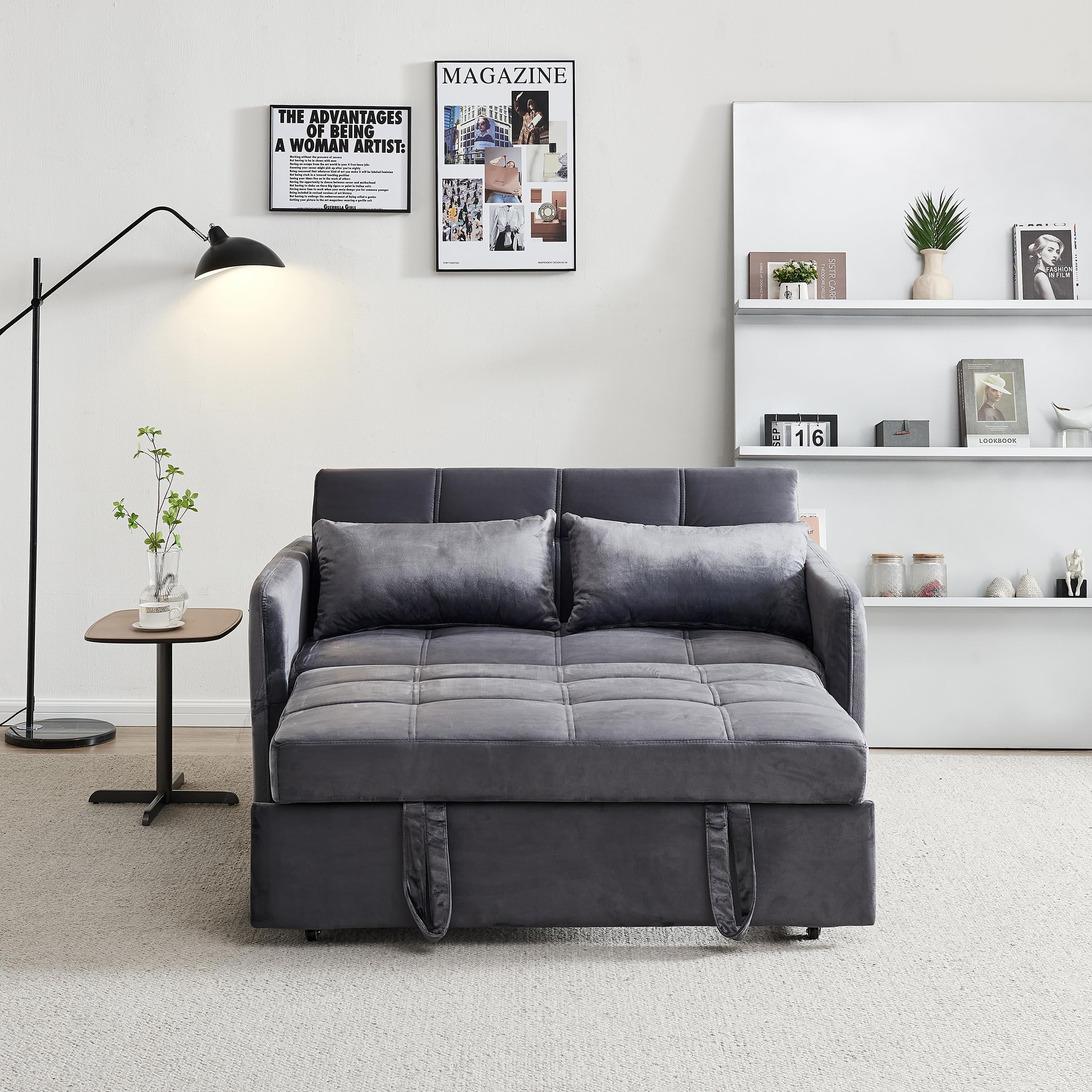 N NOORDENIYA 4-in-1 Pull Out Sleeper Sofa Bed with USB Port,55" Loveseat Velvet Sofa Reclining Backrest Convertible Sleep Couch Bed 3 Adjustable Positions Backrest &2 Side Pockets（Grey,USB ）
